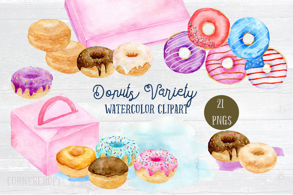 Watercolor Clip Art donut Variety, a Food Illustration by Corner Croft