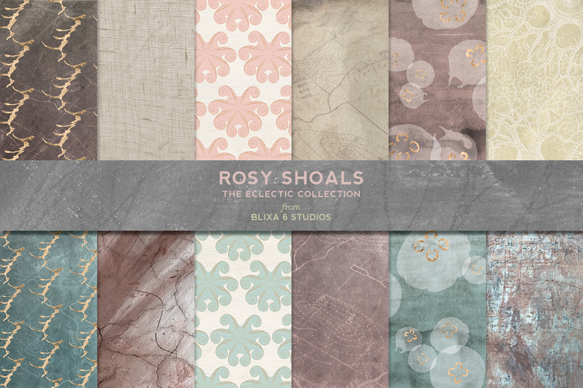 Rosy Shoals: Gold and Watercolors, a Pattern Graphic by Blixa 6 Studios