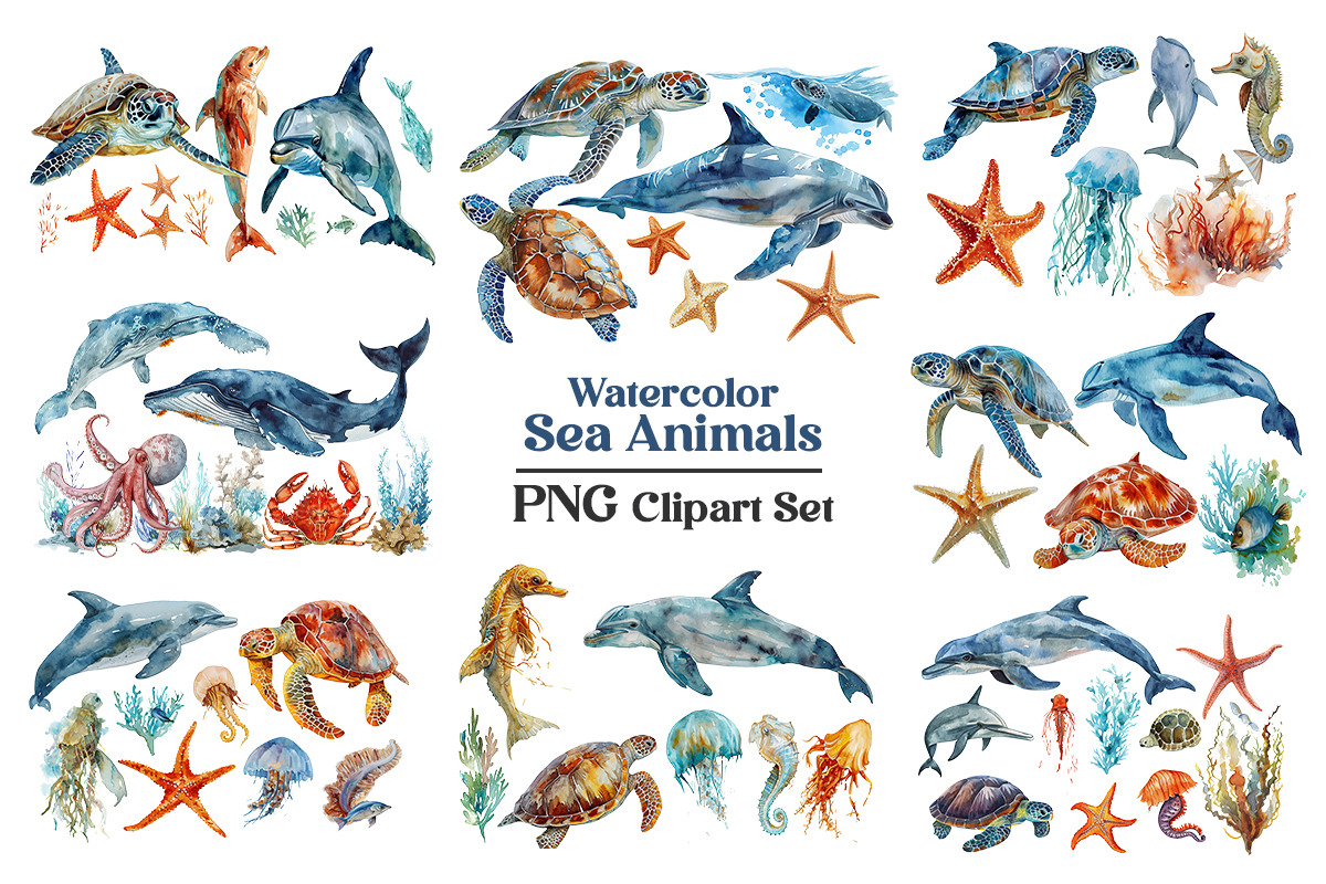Watercolor sea animals clipart png set
