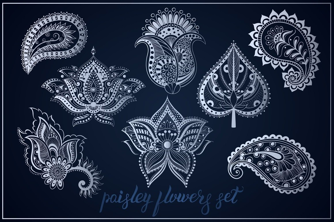 Paisley flowers & leaf Indian set, a Pattern Graphic by Zarica Art