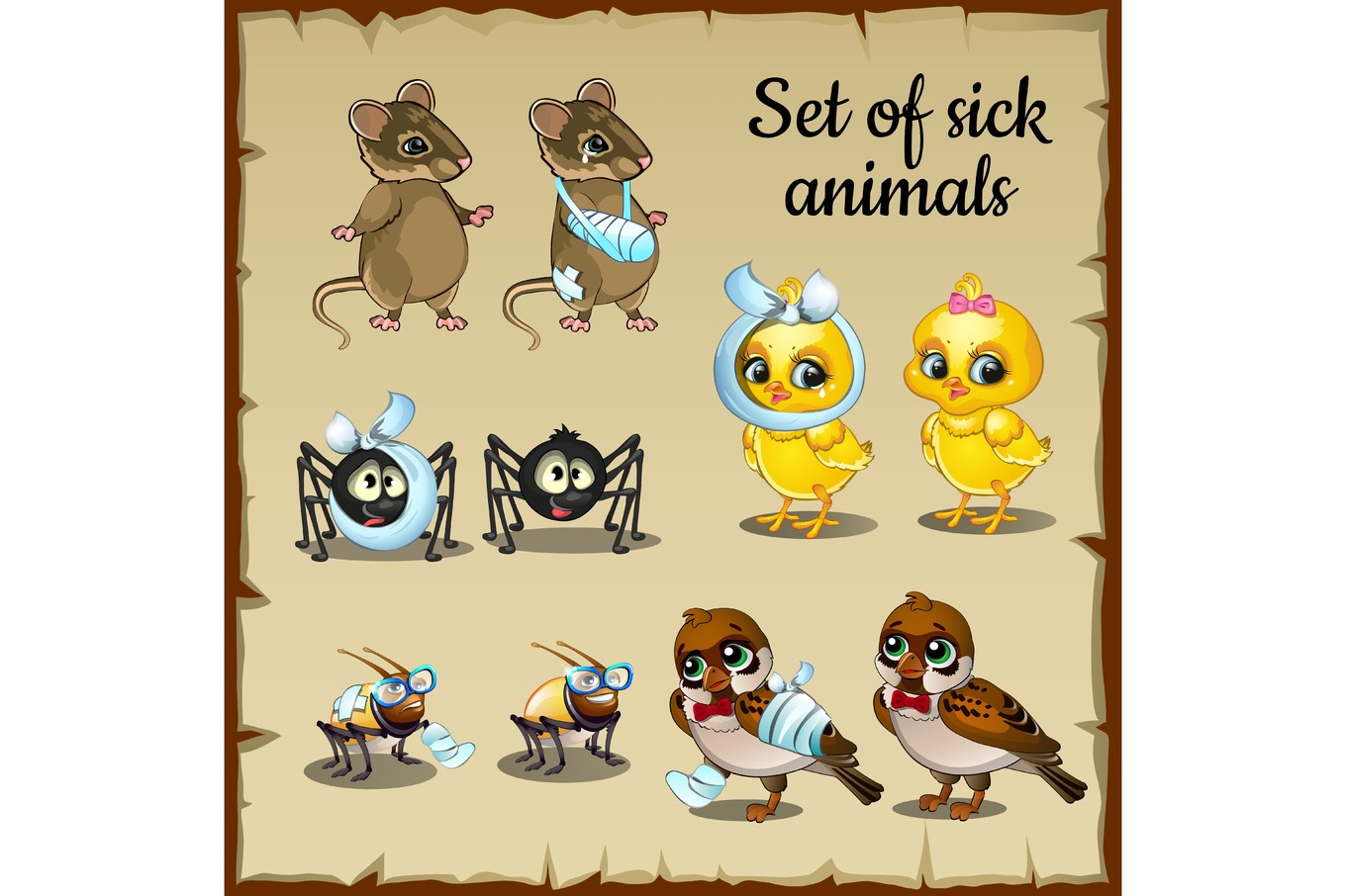 Sick and healthy cartoon animals, an Object Graphic by KukaToonDesignStudio