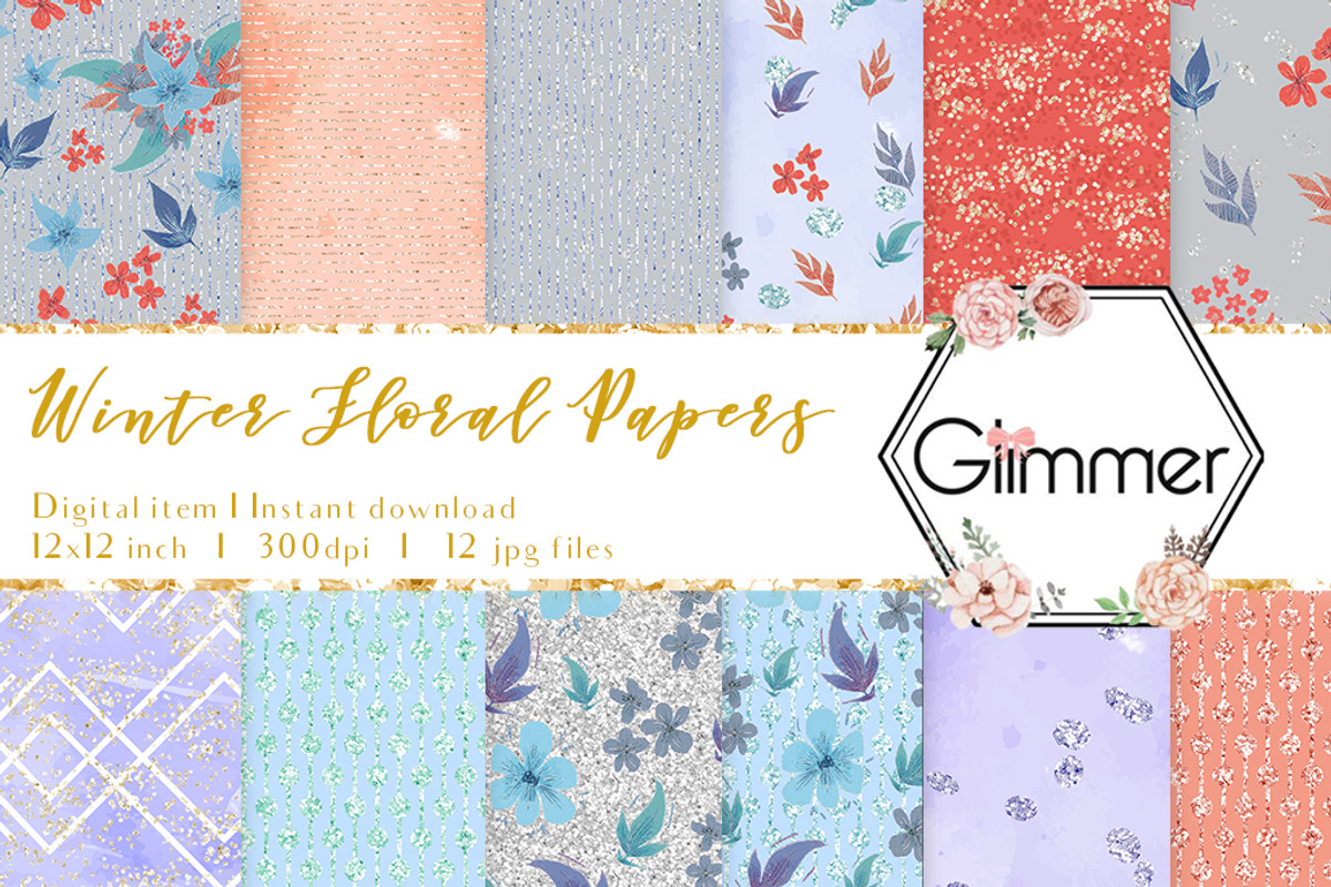 Winter Floral Digital Papers, a Graphic by Glimmer Store | Creative Market