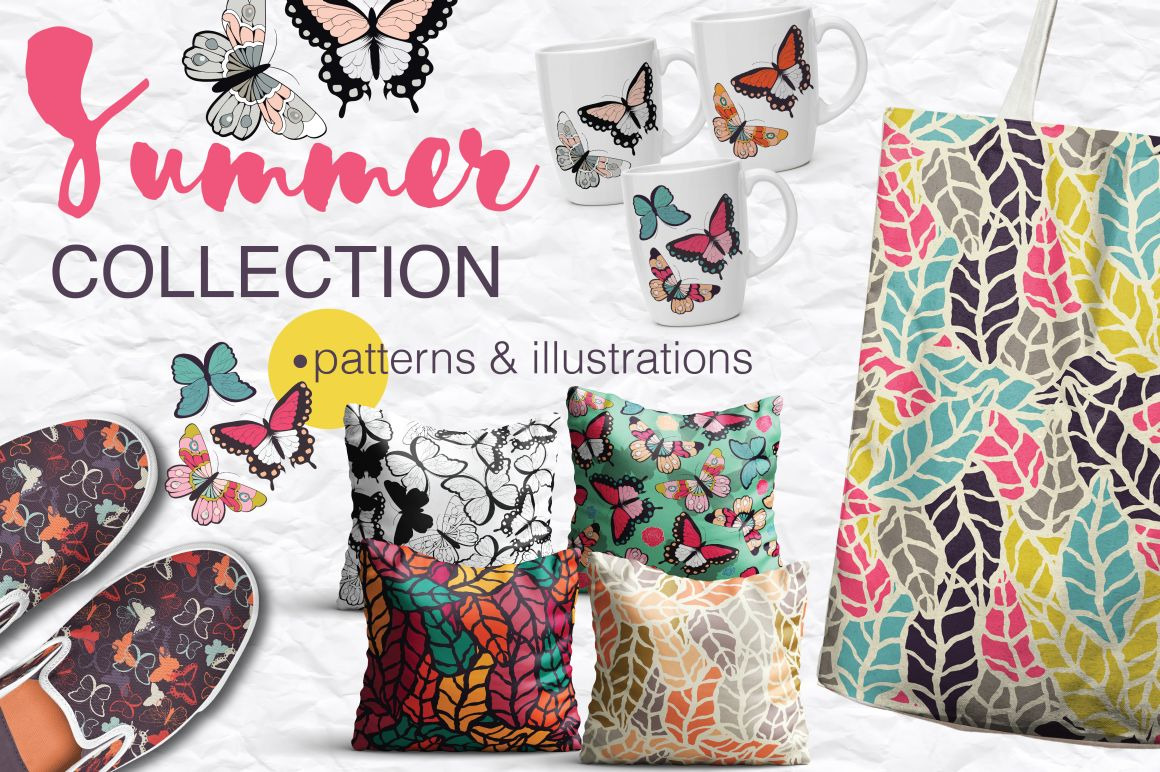 Summer patterns- butterflies, leaves | Graphic Patterns ~ Creative Market