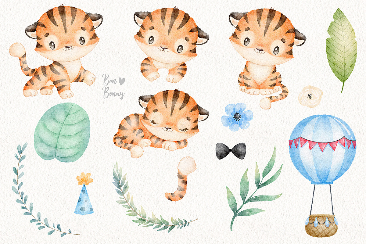 Cute Tiger Watercolor Clipart, an Animal Illustration by BonbonnyDesigns