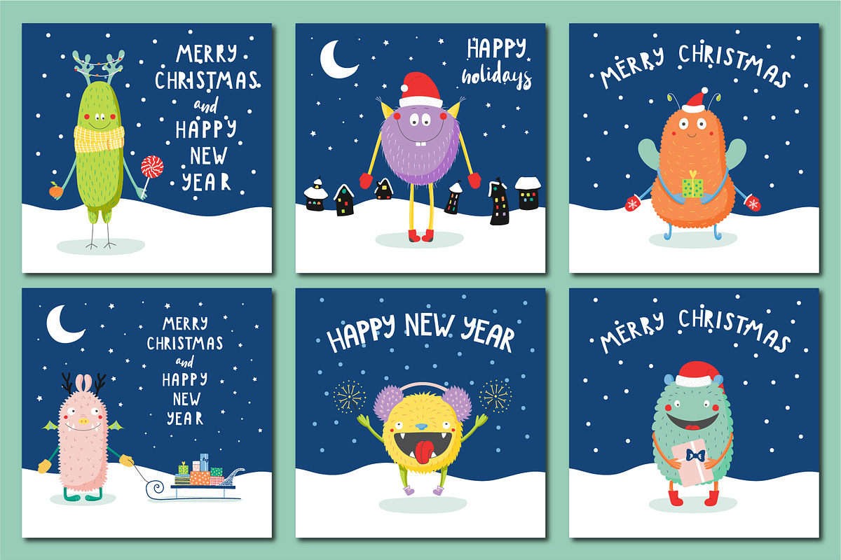 Cute Monsters Christmas Cards, a Seasonal Illustration by sceptical cactus