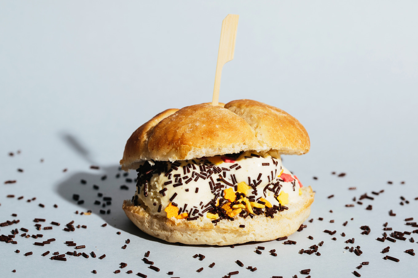 Ice cream burger containing background, ball, and blue, a Food & Drink ...
