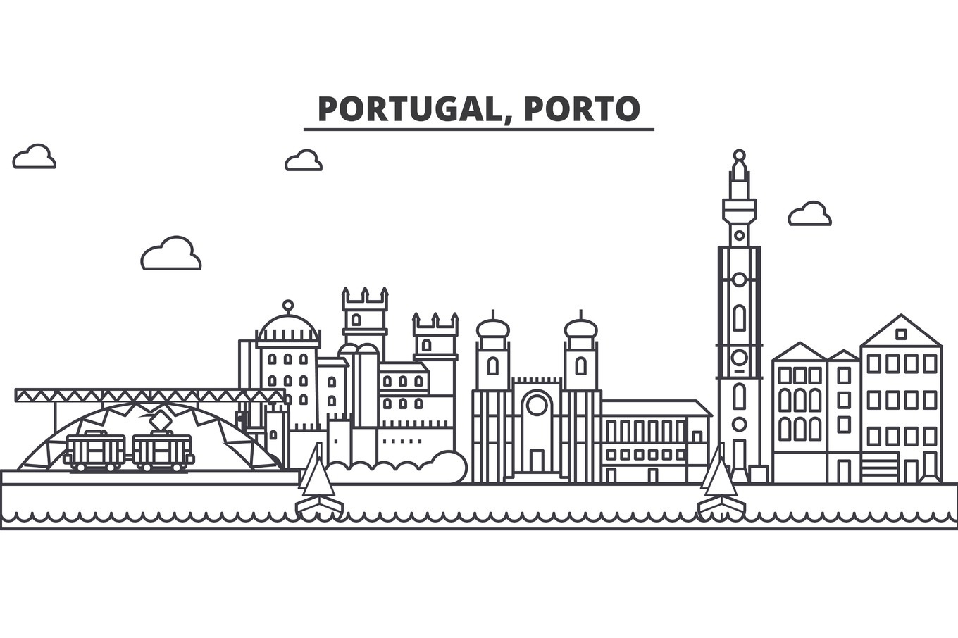 Portugal, Porto architecture line skyline illustration. Linear vector ...