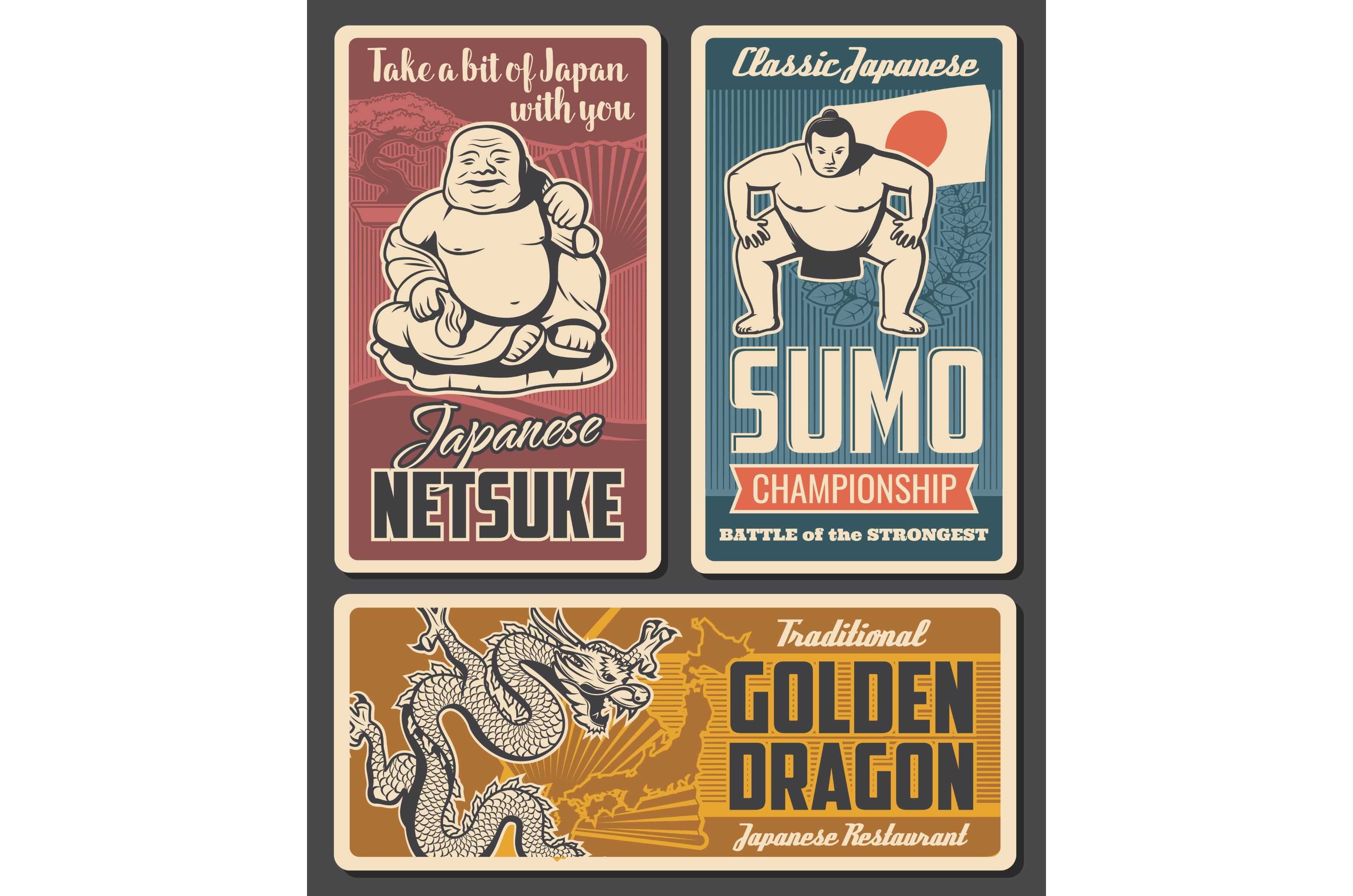 Japan netsuke, sumo retro posters, a Food Illustration by Vector Tradition