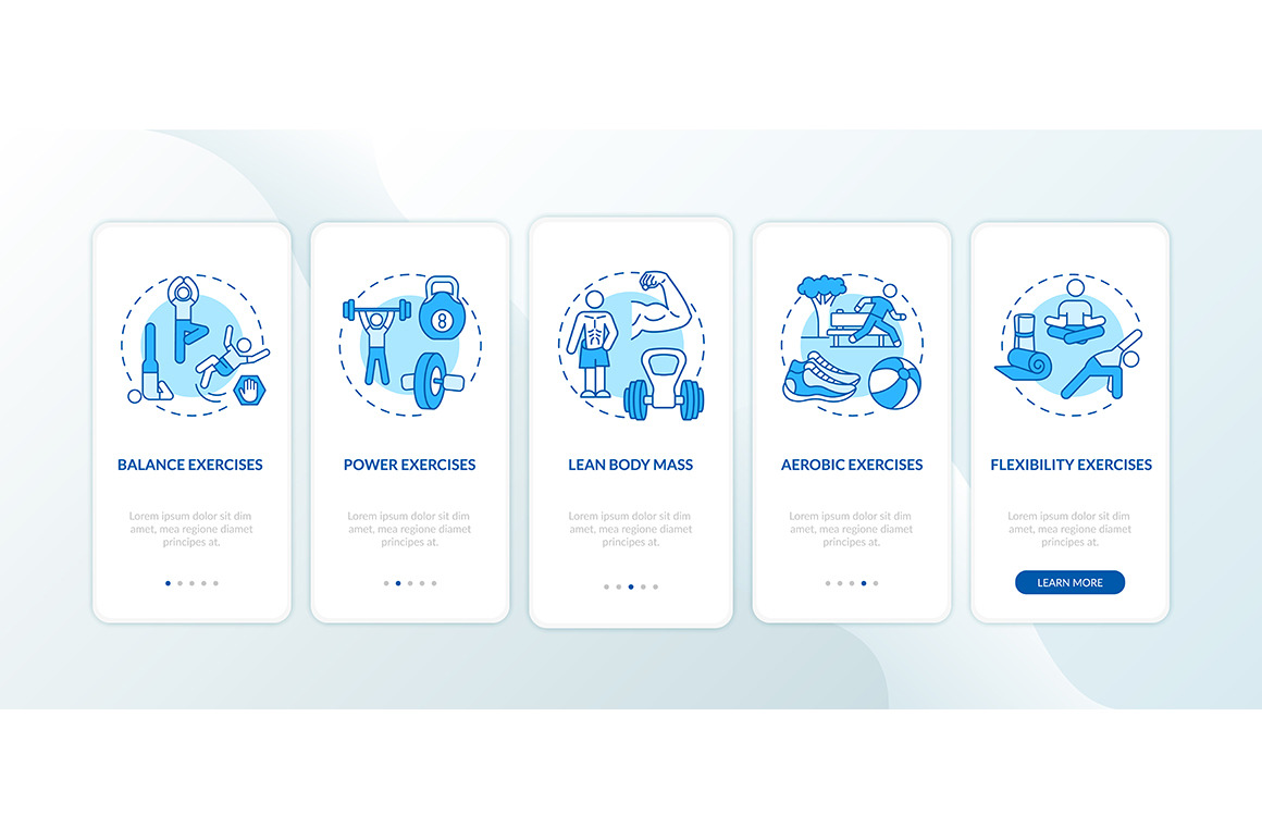 Exercises blue mobile app pages, a Templates & Theme by IMG visuals icons