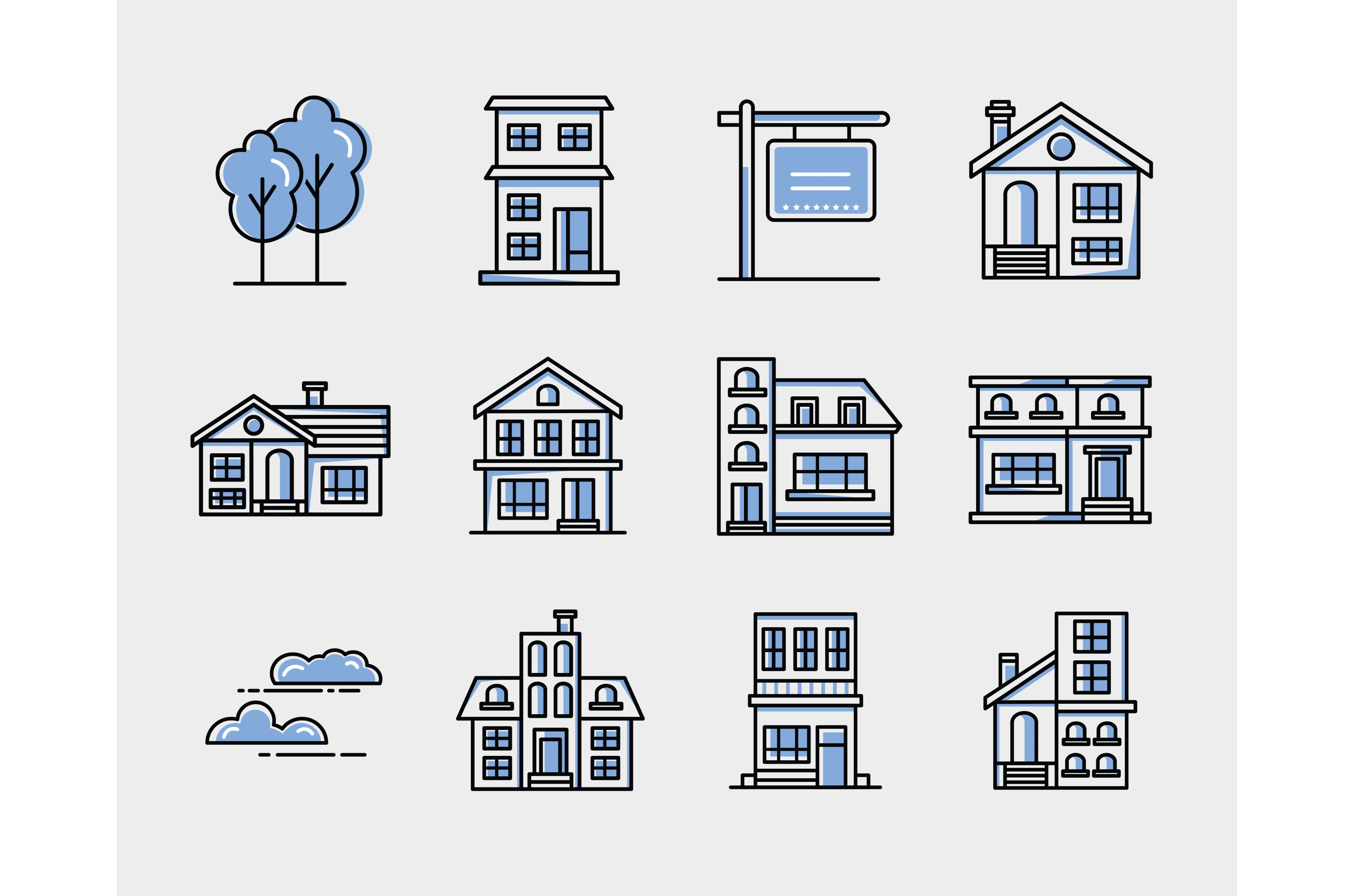 city houses icons, an Illustration by studiogstock