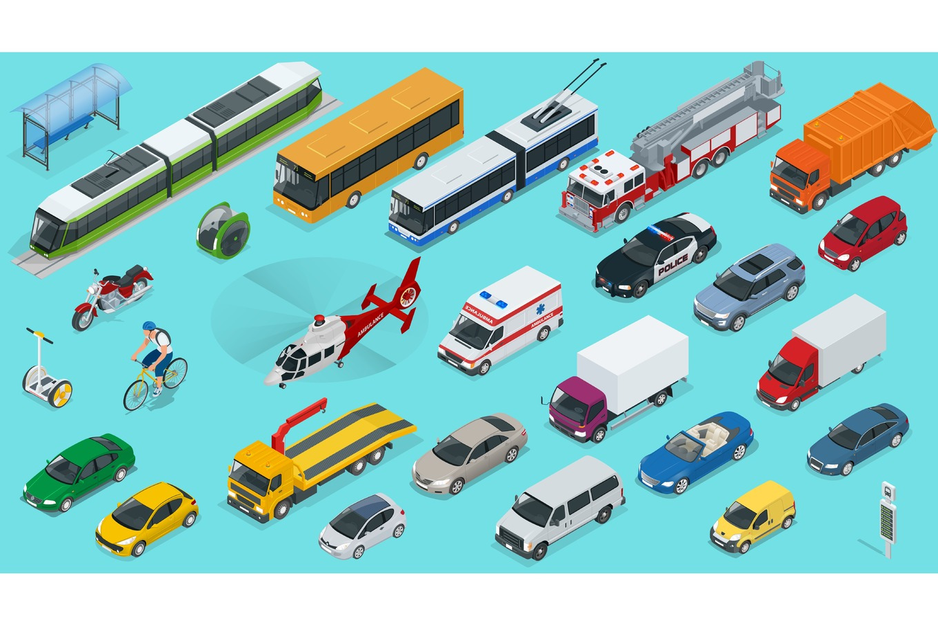 Flat 3d isometric city transport icon set. Taxi, Ambulance, trolleybus ...