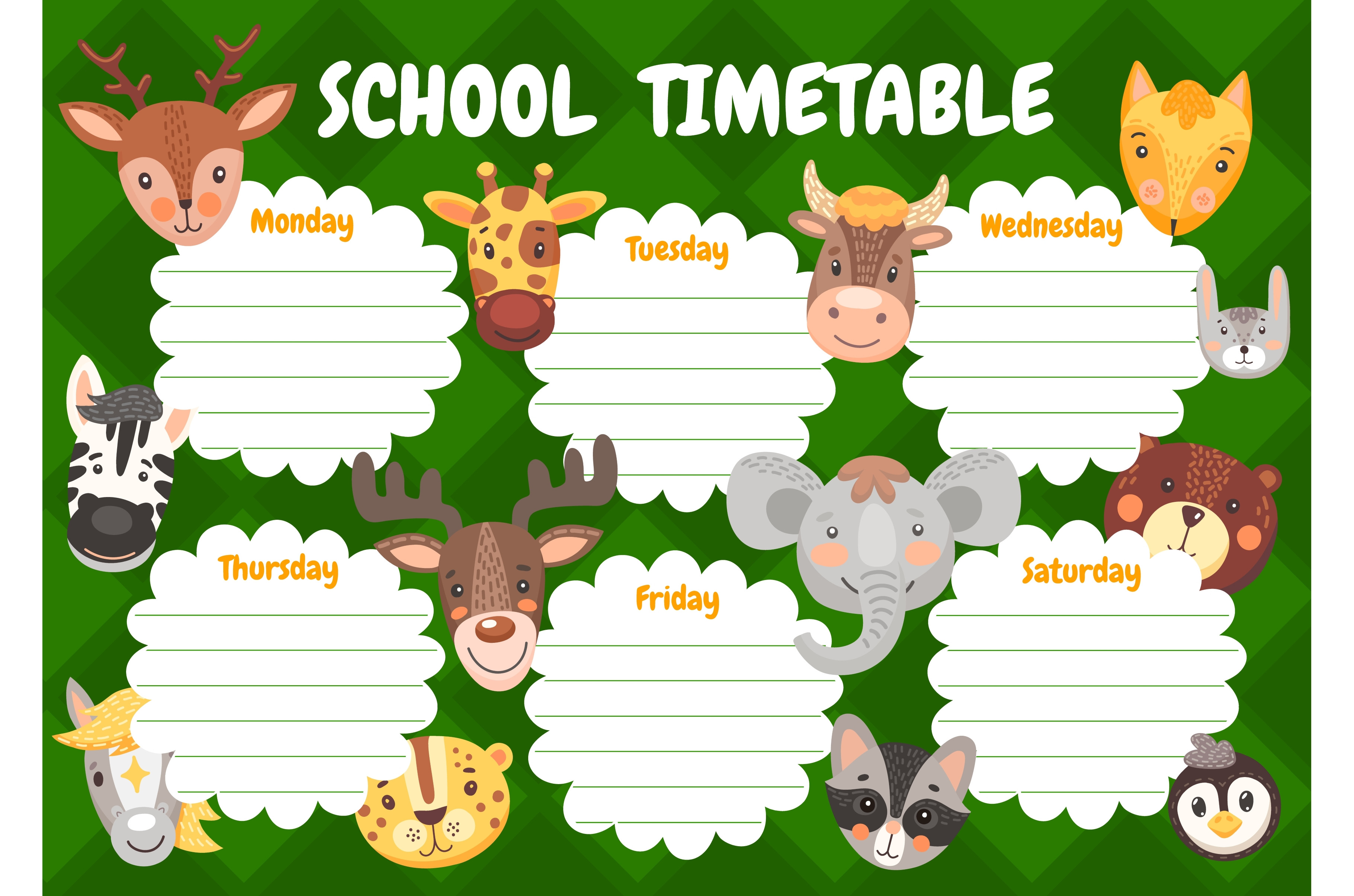 Cartoon animals, education timetable, an Animal Illustration by Buch&Bee