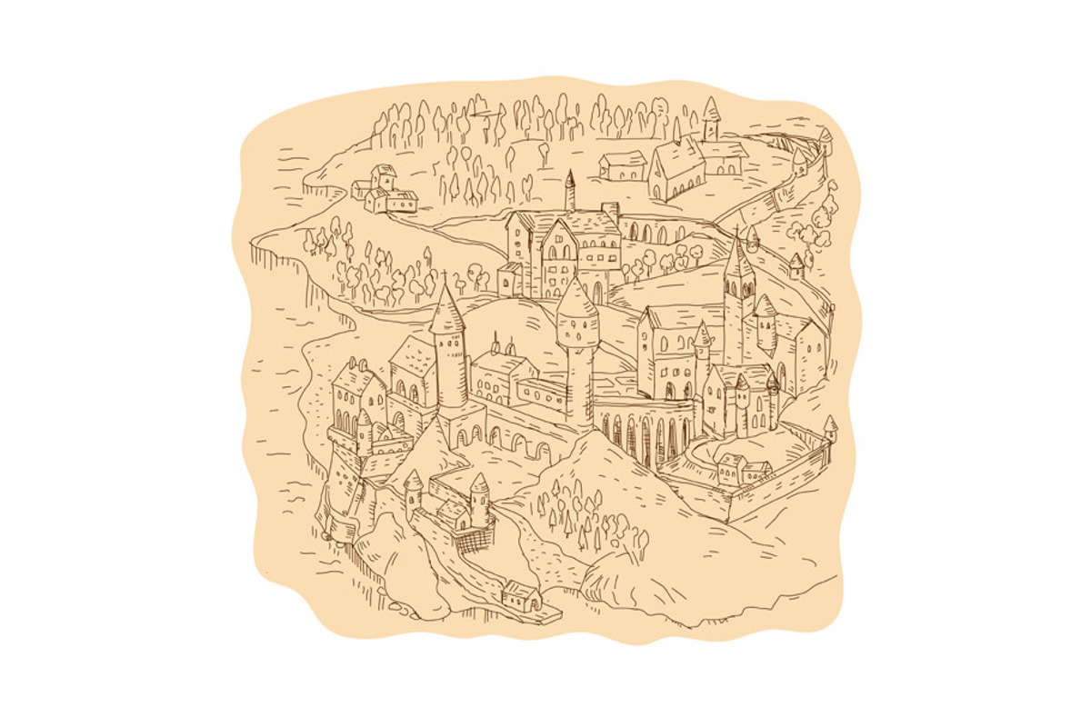 Medieval Fantasy Map Drawing, an Illustration by patrimonio