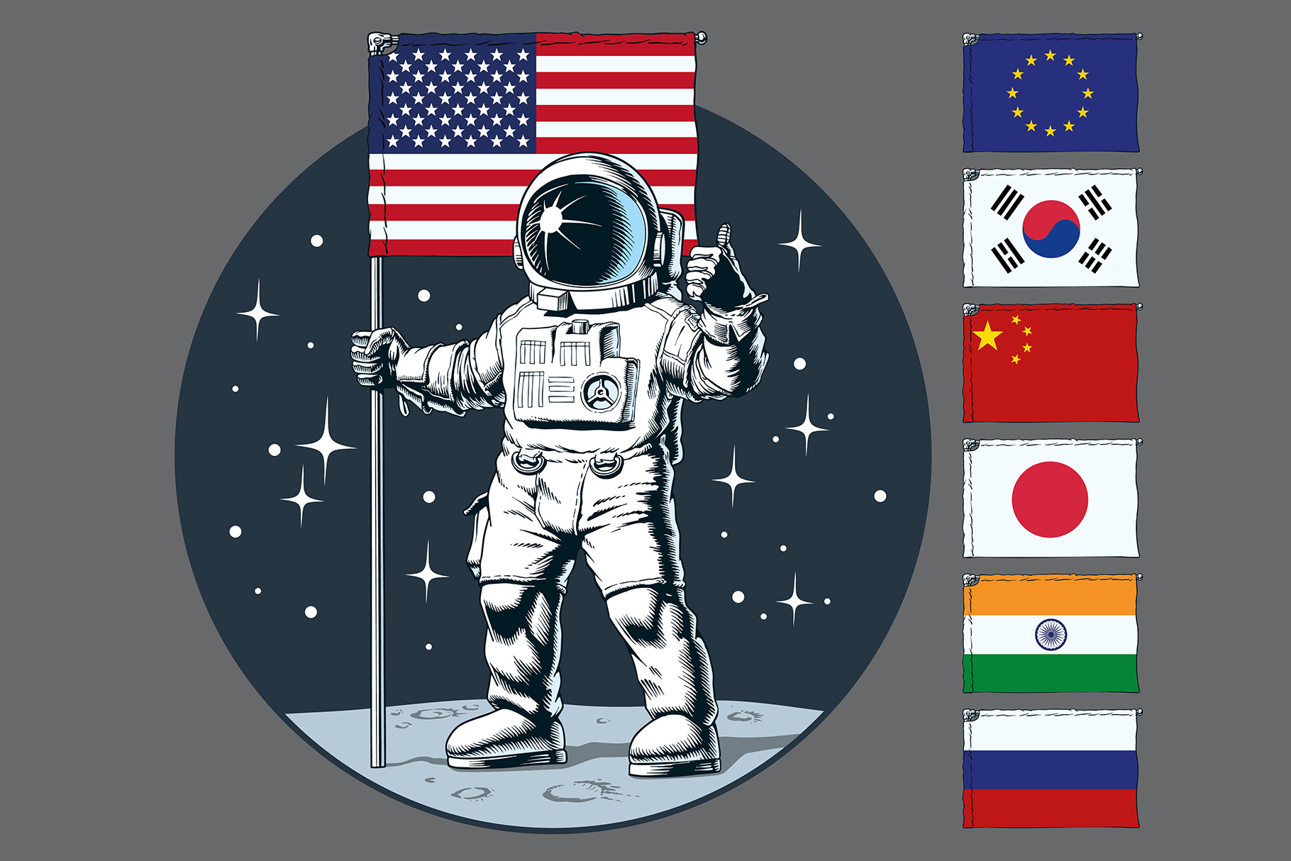 Astronaut with flag stands on moon, a Technology Illustration by Ledokolua