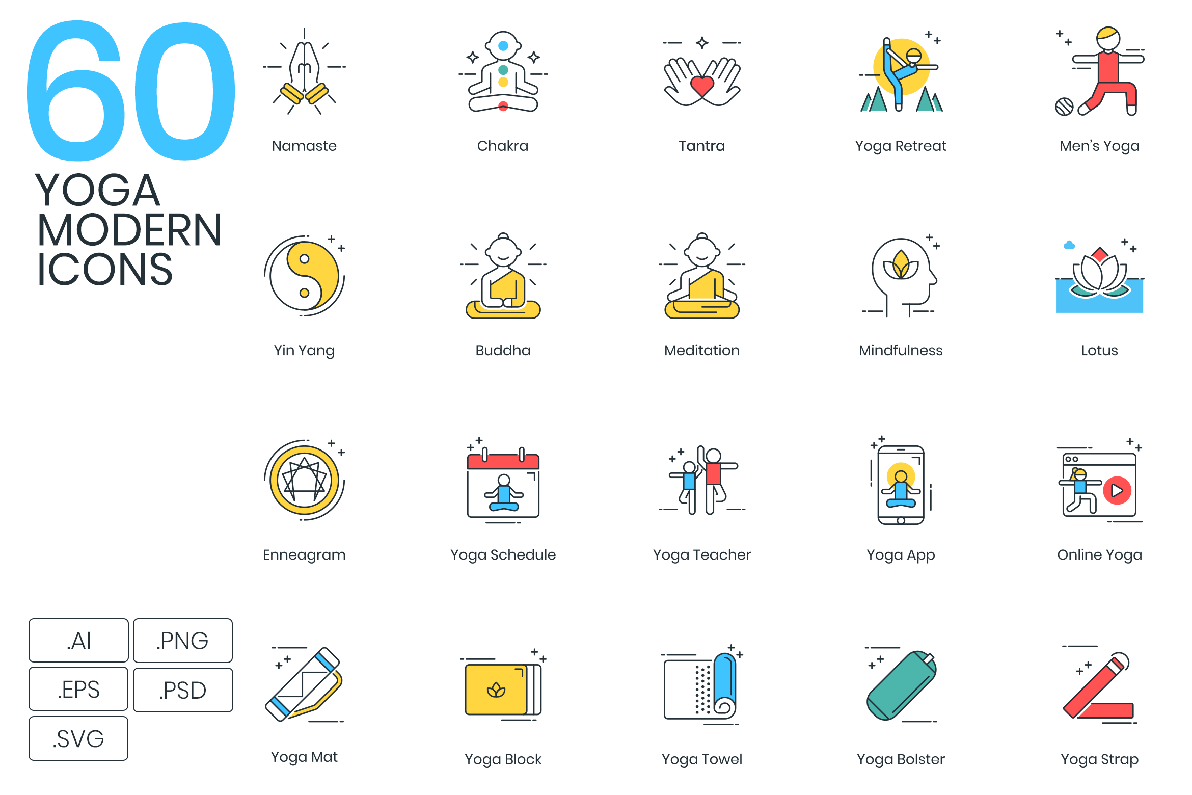 60 Modern Yoga Icons, an Outline Icon by Flat Icons