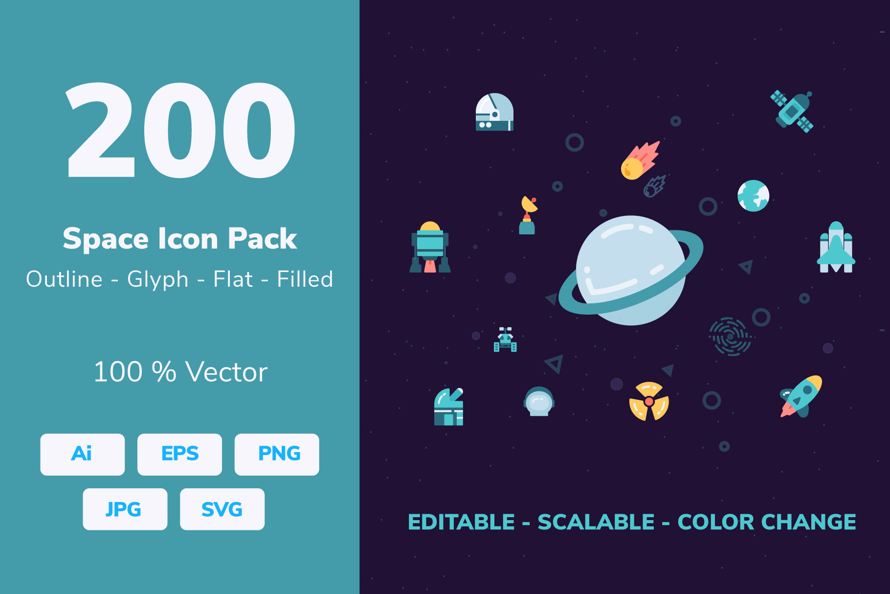 200 Space Exploration Icon Pack, an Outline Icon by Creastale