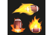 Set of american football or rugby balls flaming on a black background ...