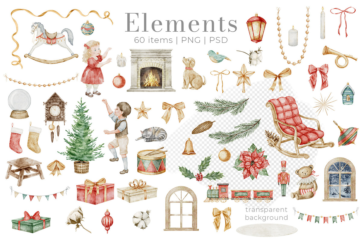 Christmas vintage watercolor clipart, an Illustration by Alisles