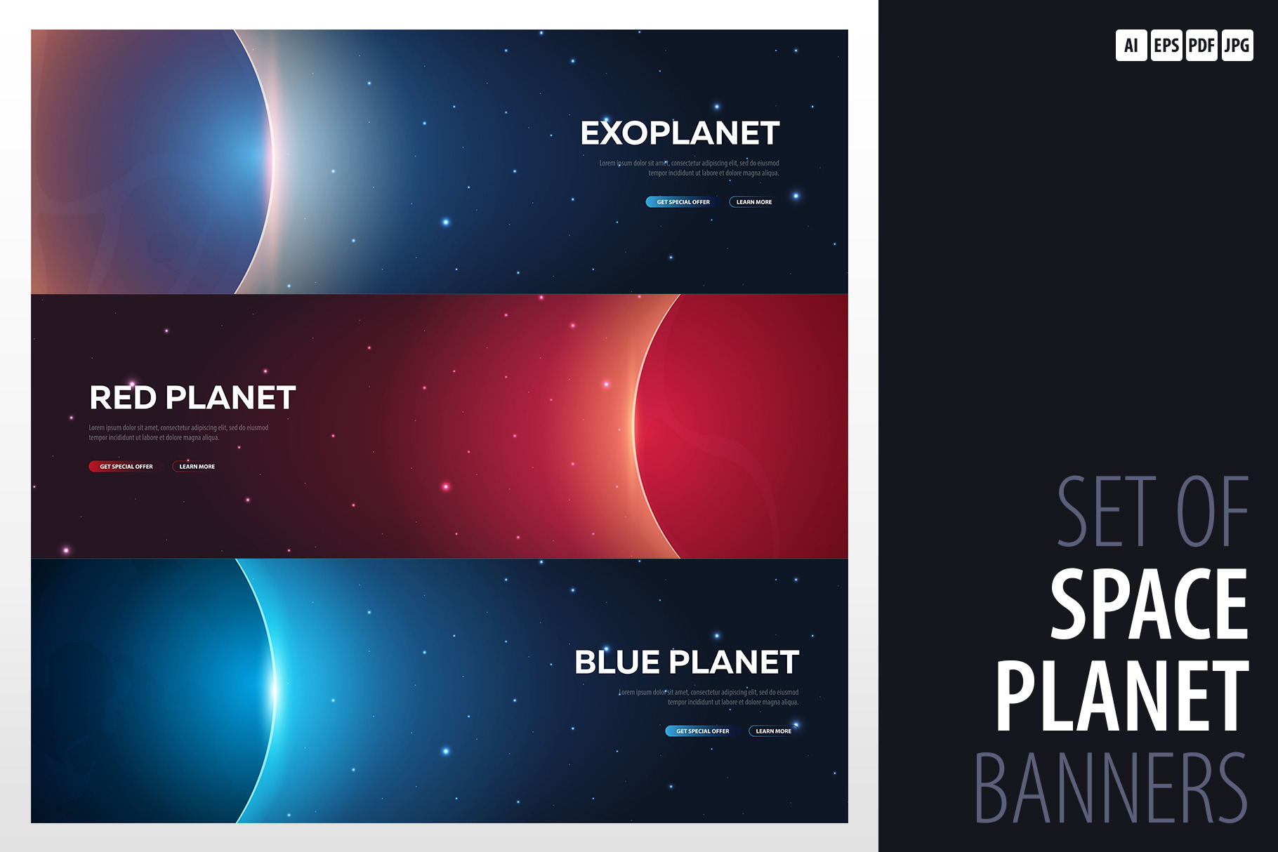 Space banner. Mars, Earth, Exoplanet, a Templates & Theme by Leo Edition