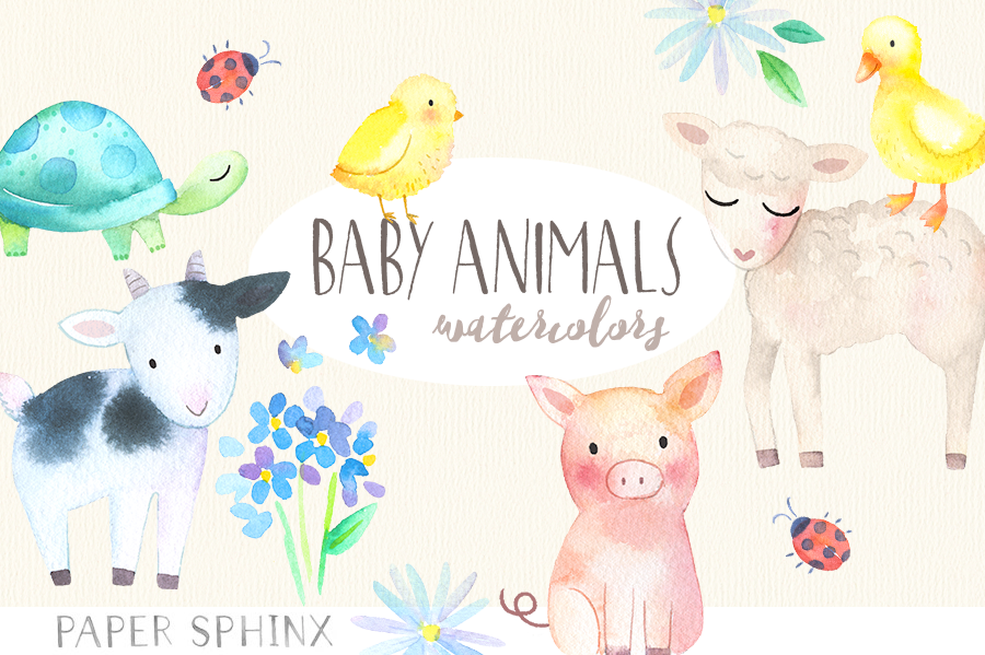 Cute Baby Animals Watercolor Pack, an Animal Illustration by PaperSphinx