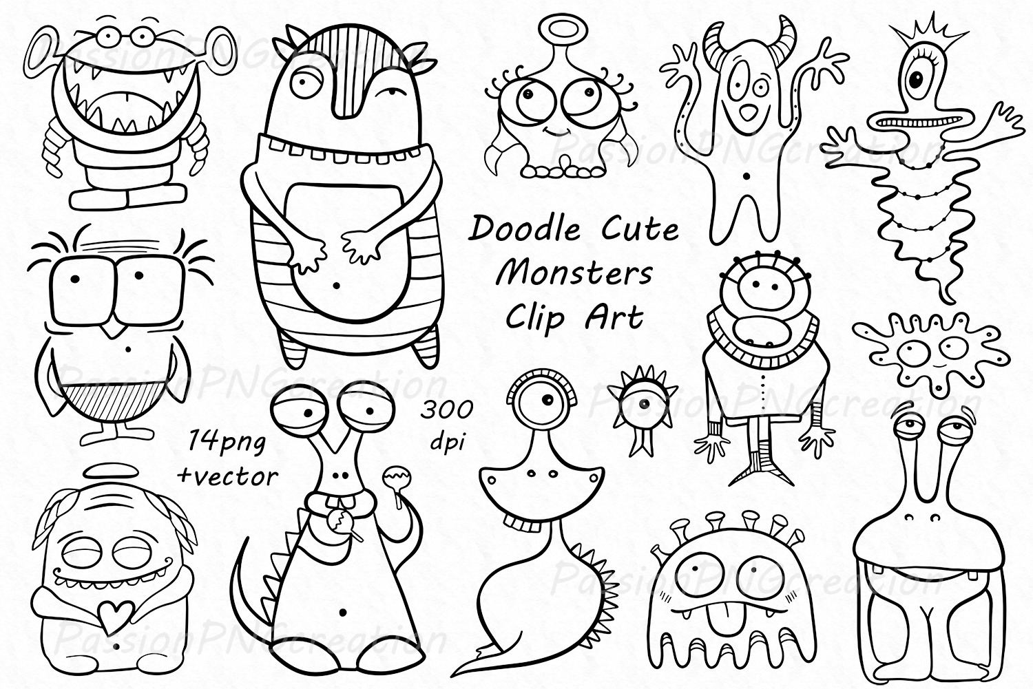 Doodle monsters clipart, an Illustration by PassionPNGcreation