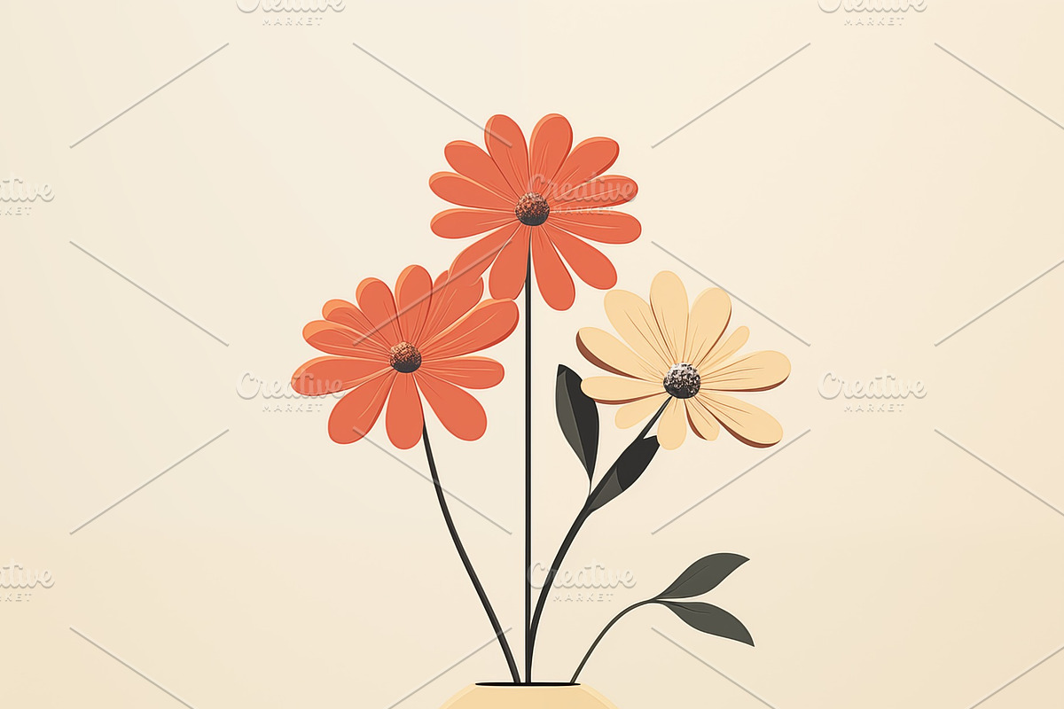 A minimalist illustration of a flower vase with three stylized flowers ...