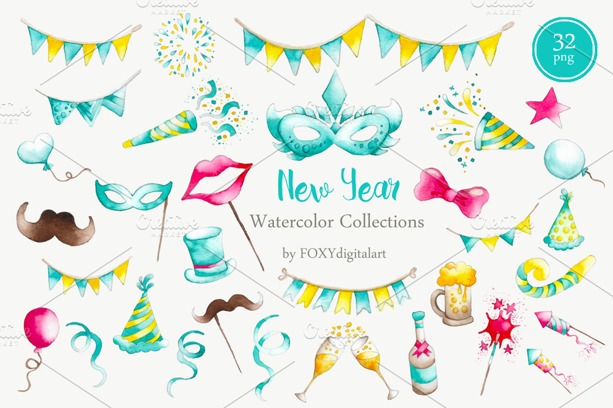 Watercolor New Year Party Clipart, an Illustration by FOXYdigitalart