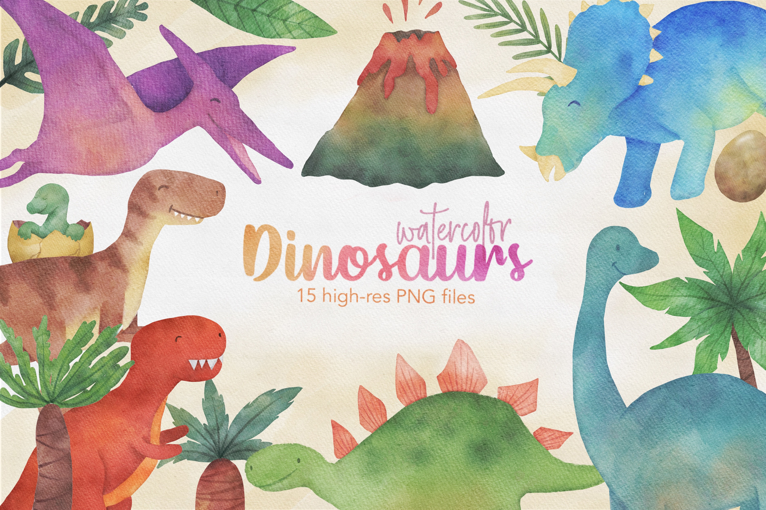 Watercolor Dinosaurs Clip Art, an Illustration by Peachycottoncandy
