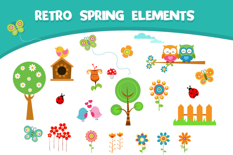 Retro Spring Elements, an Animal Illustration by pinipin | Creative Market