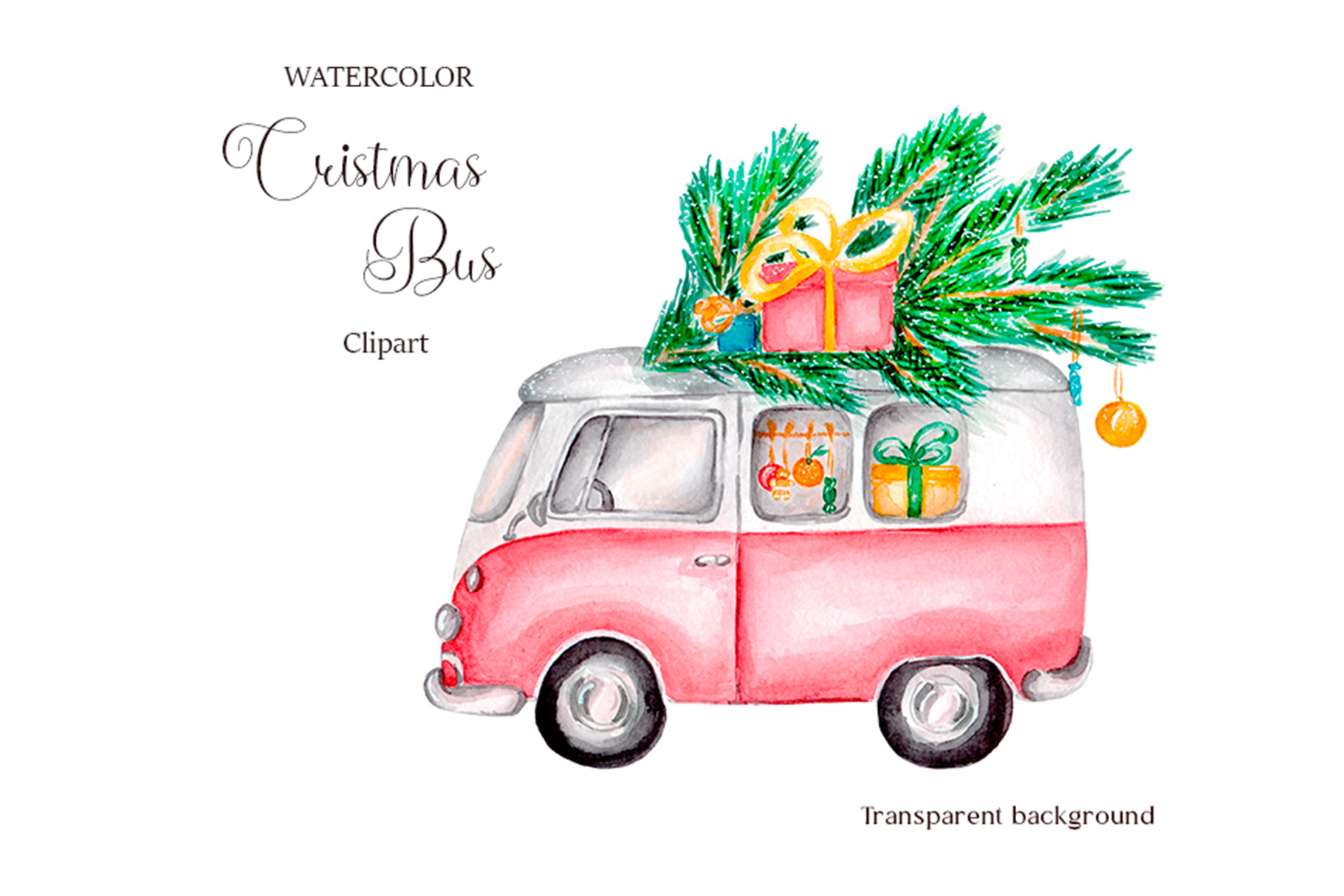 Watercolor Christmas Bus, a Transportation Illustration by MayaNavits