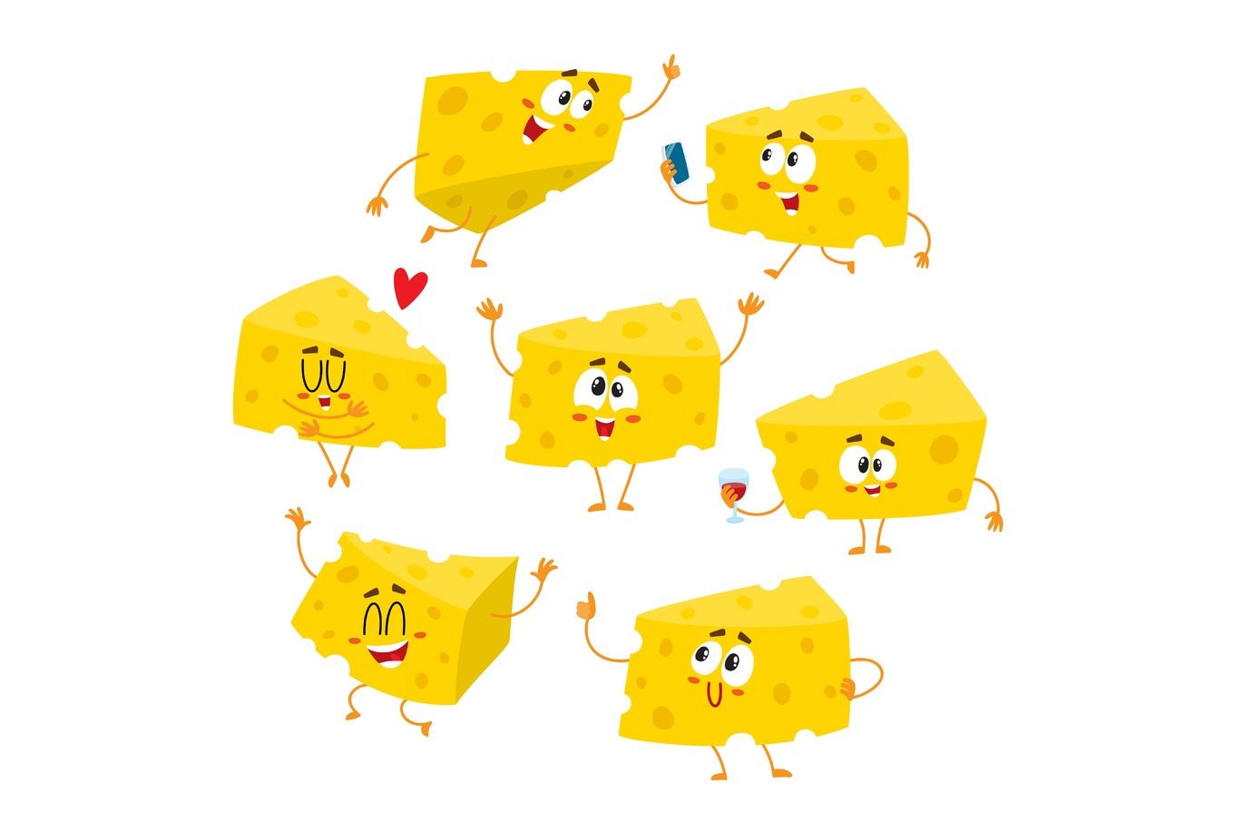 Set of cute and funny cheese chunk character showing different emotions ...