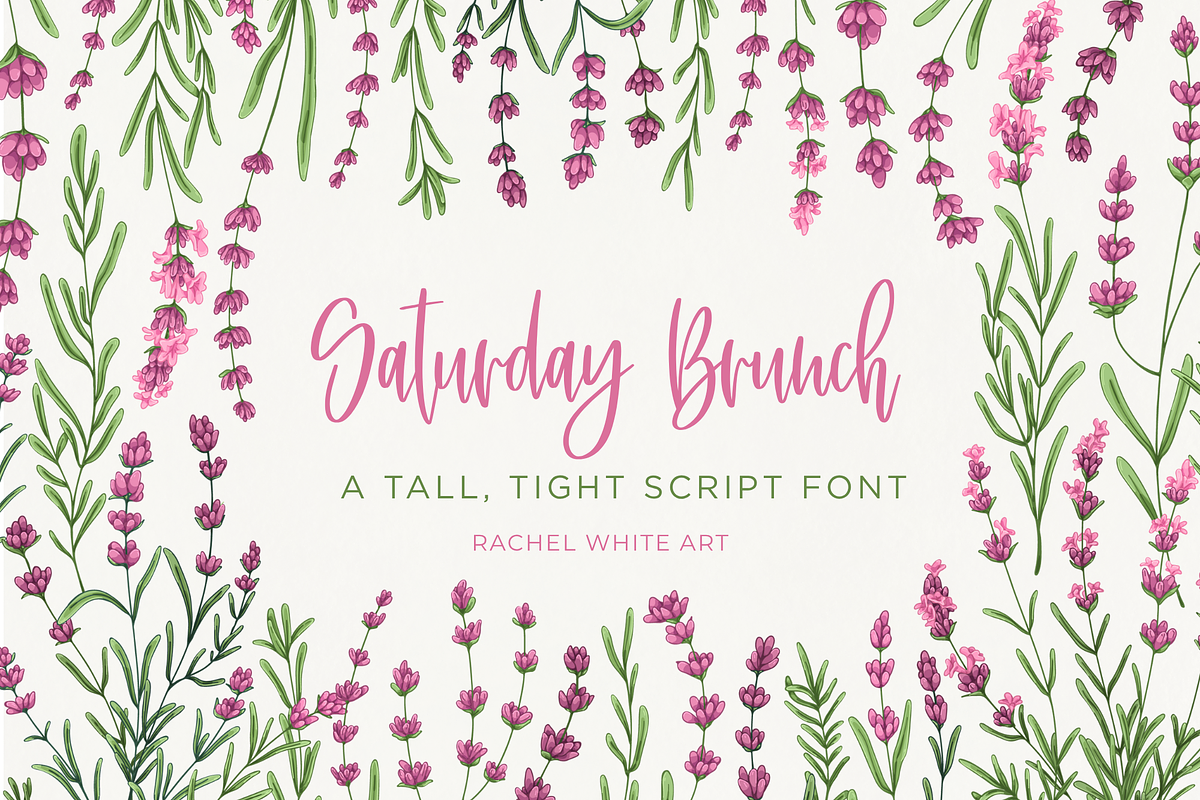 Saturday Brunch, a tight tall script, a Script Font by Rachel White Art