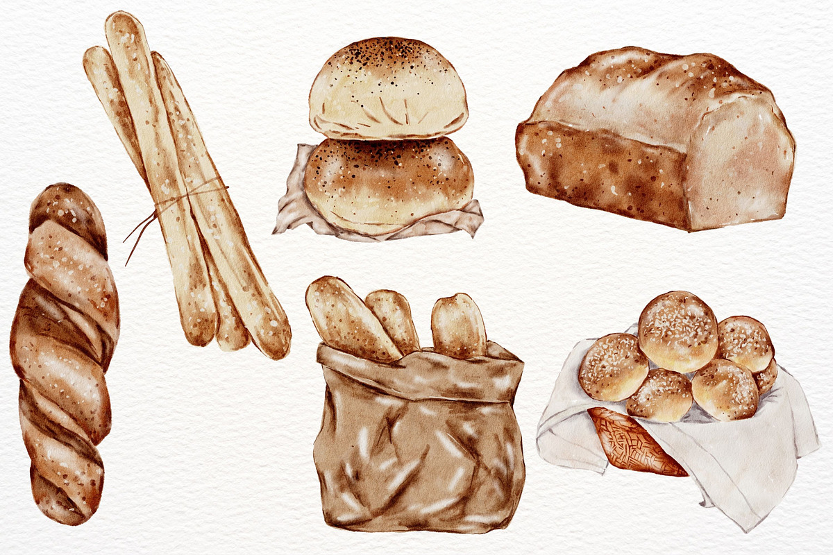 Watercolor Bread Clipart, a Food Illustration by ArtbyHien | Creative ...
