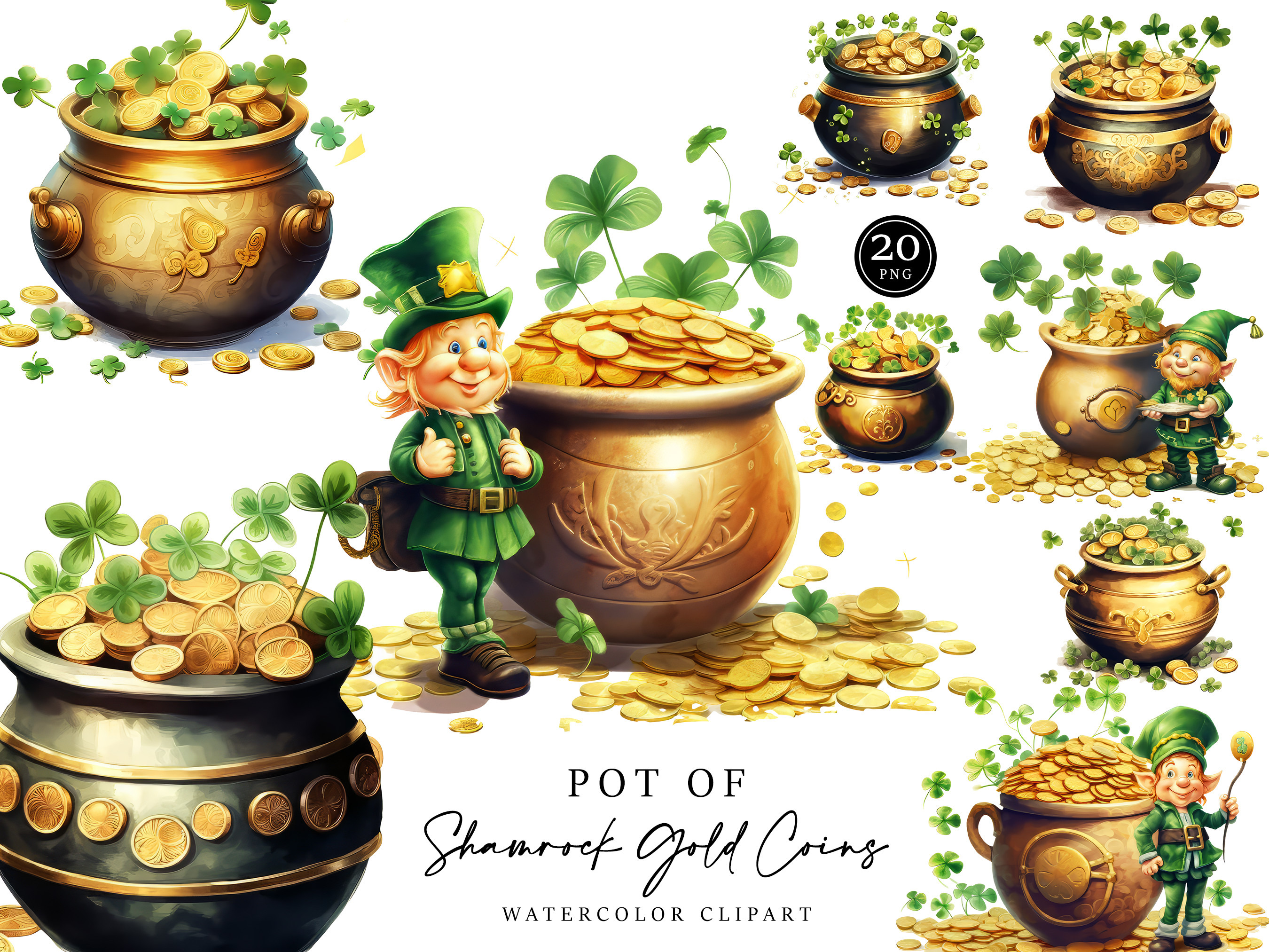 Pot of Shamrock Gold Coins Clipart, an Object Illustration by Design Scotch