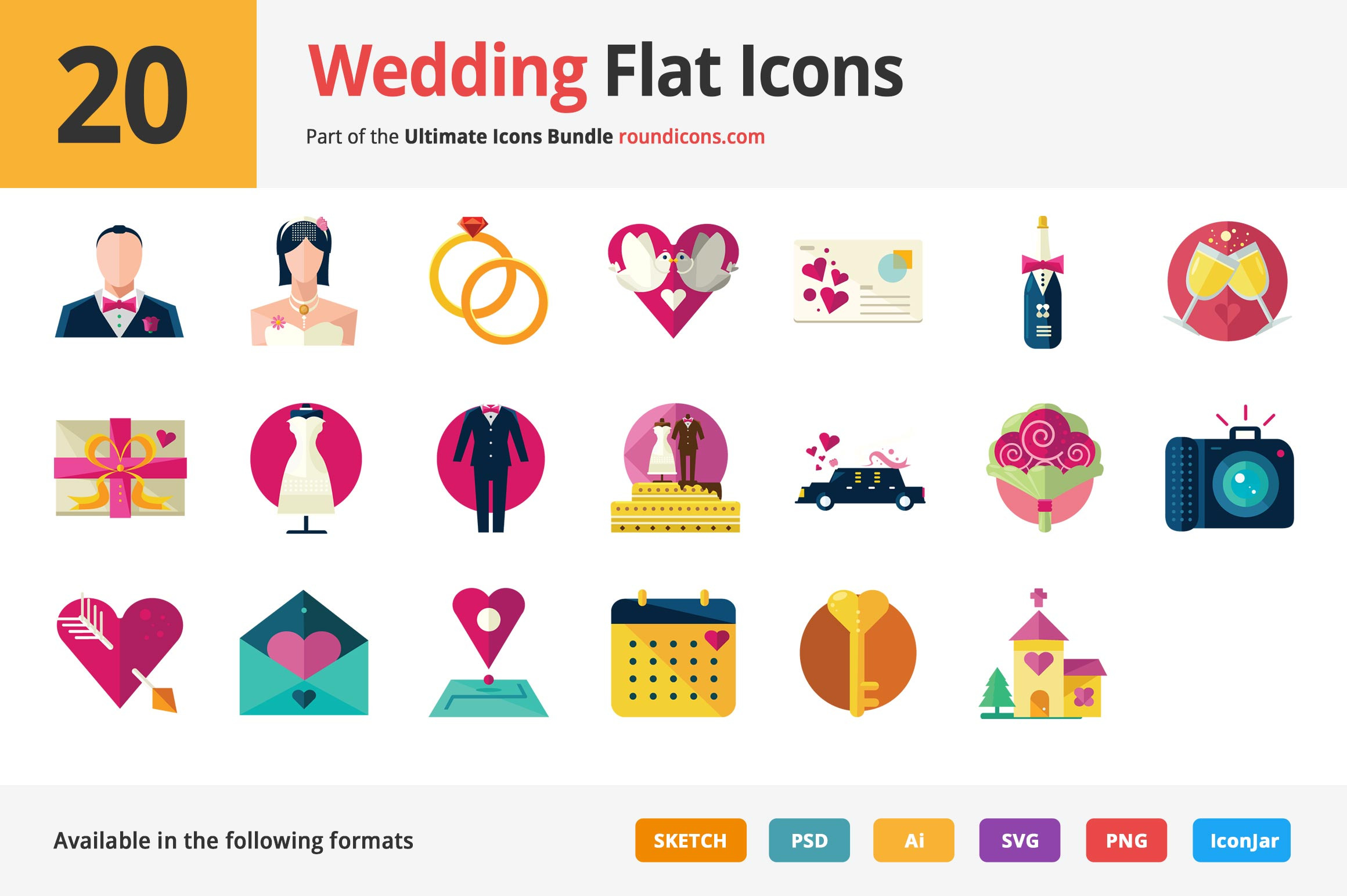 20 Wedding Flat Icons, an Icon by Vectopus.com