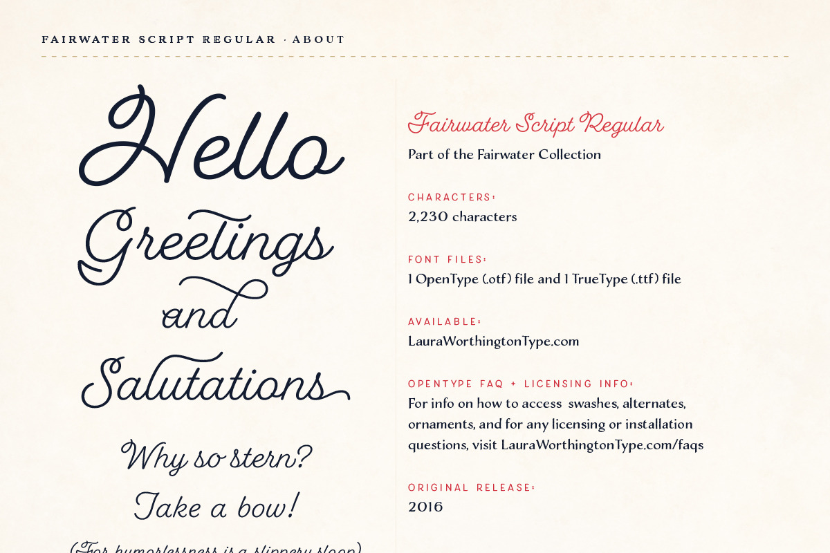 Fairwater Script Regular, a Script Font by Laura Worthington