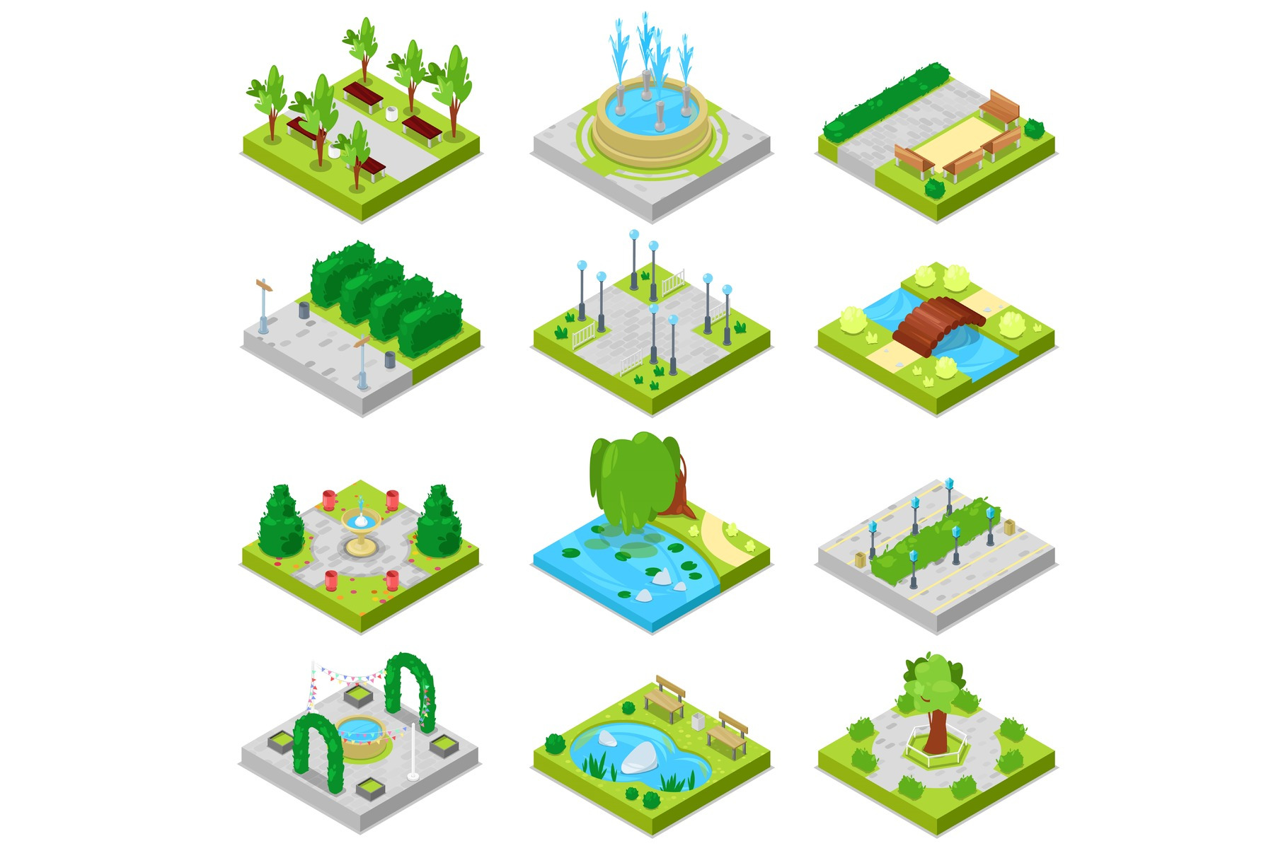 Park vector landscape of parkland with green garden trees and fountain ...