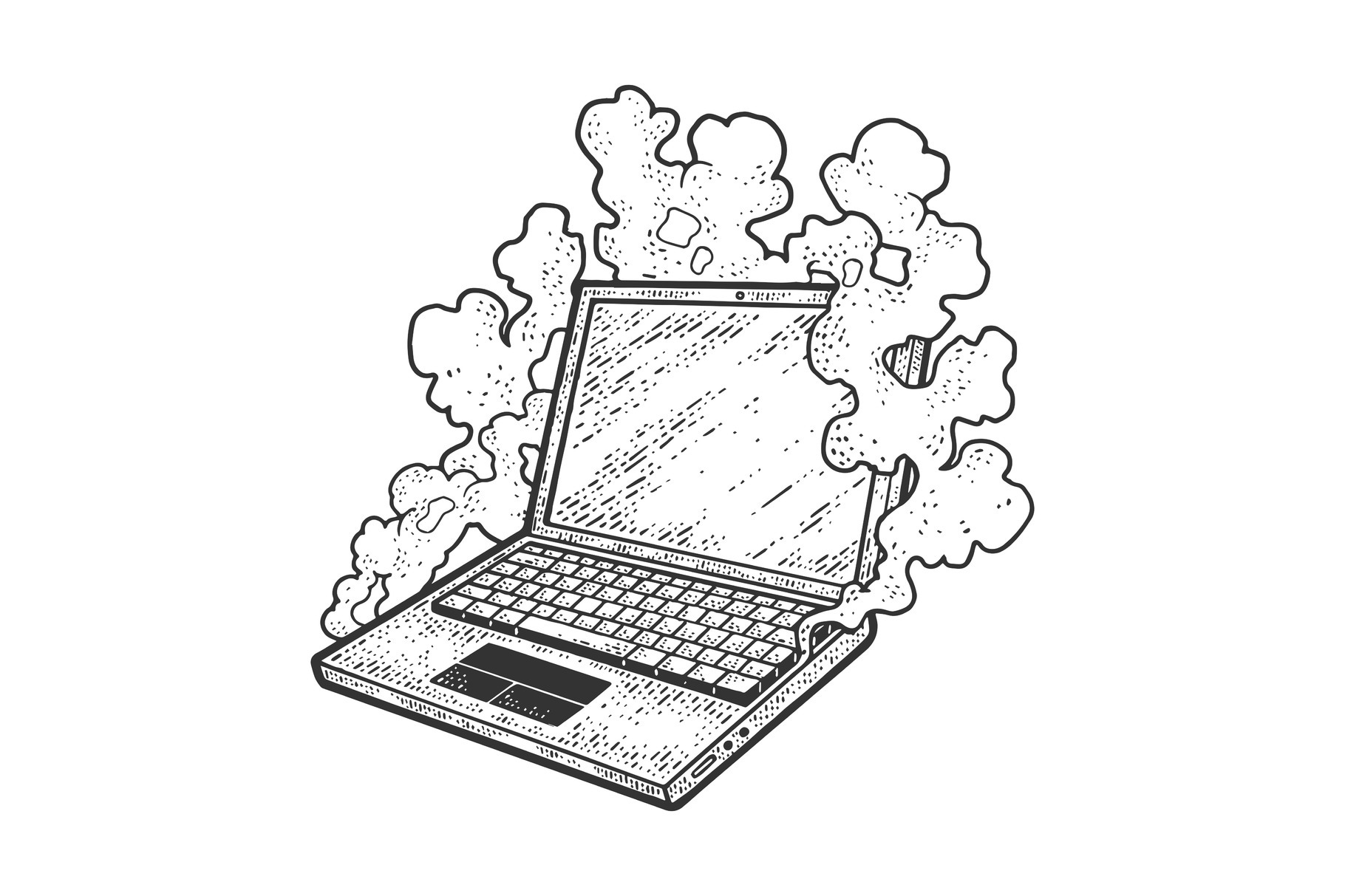 smoking broken laptop sketch vector, an Object Illustration by AlexArt