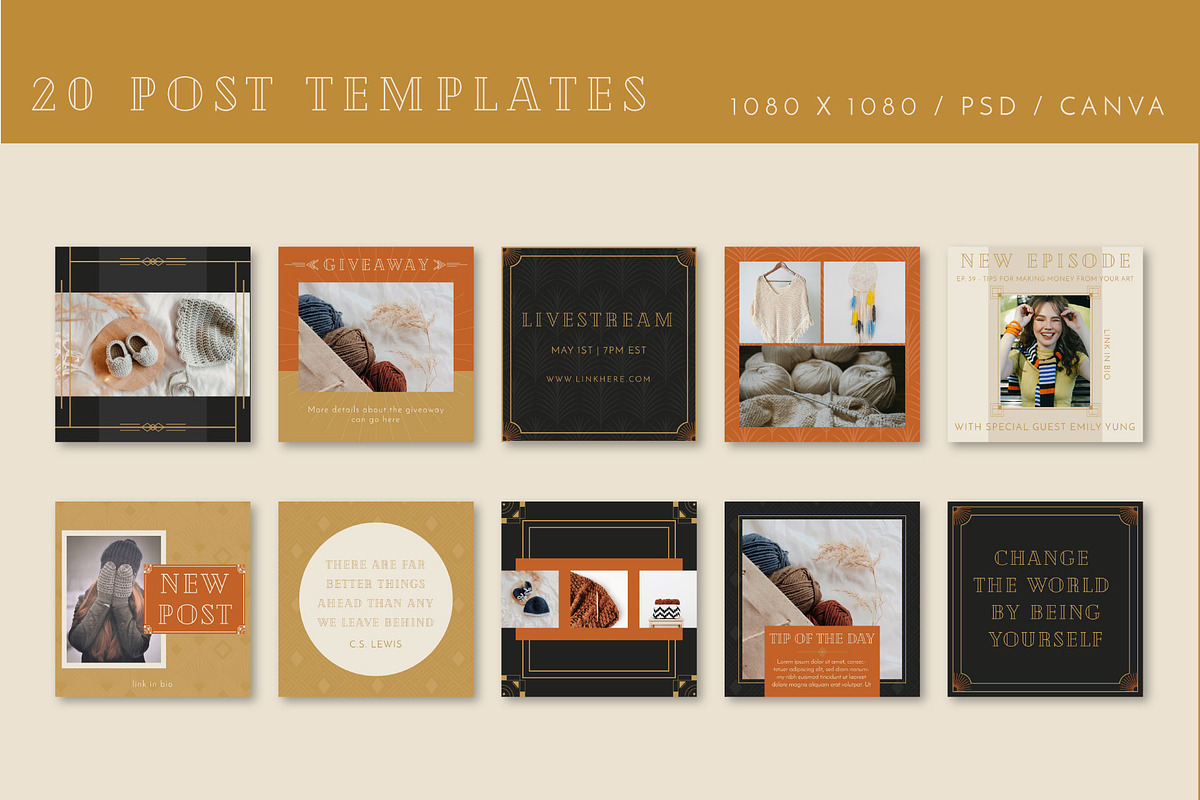 Art Deco Story & Post Templates, a Social Media Template by Liseno Designs