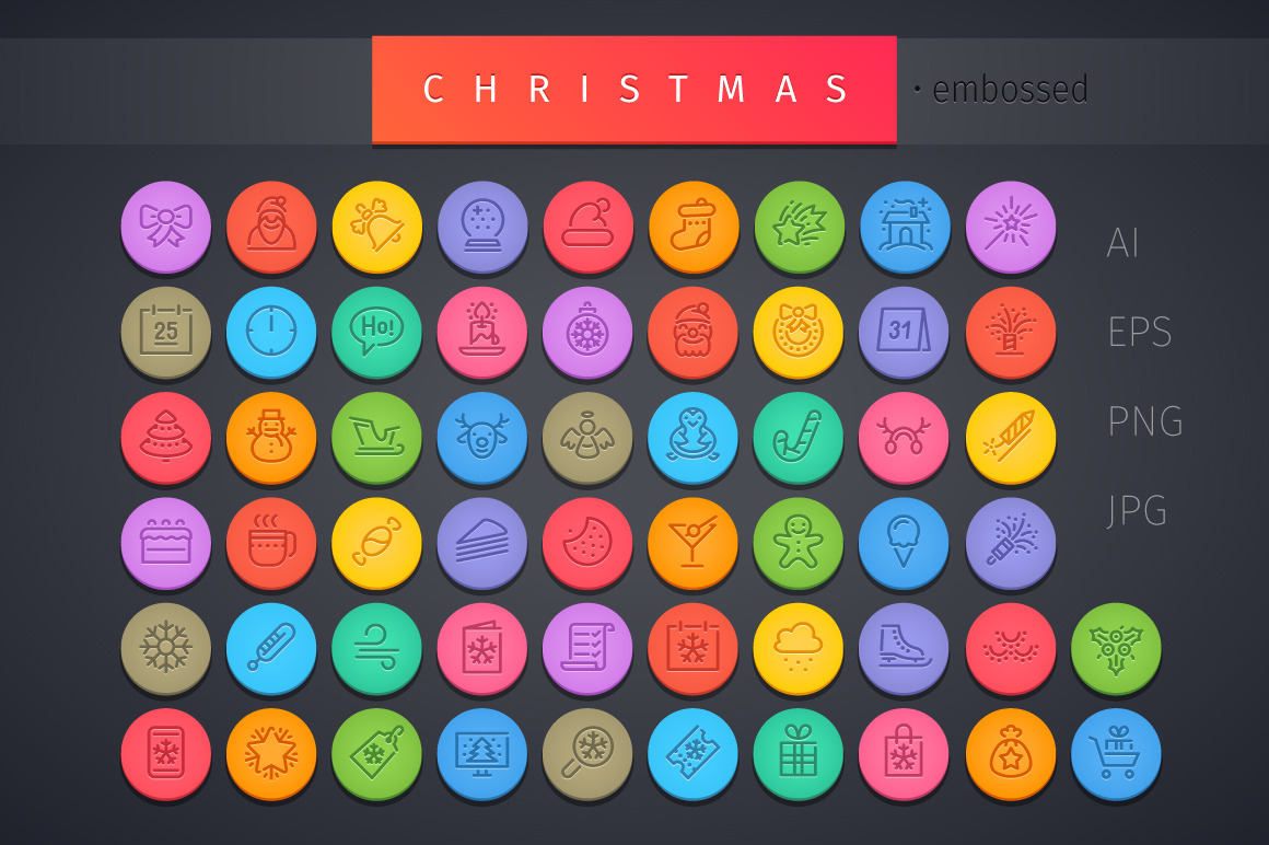 Christmas Round Embossed Icons Set, an Outline Icon by Voysla's Shop