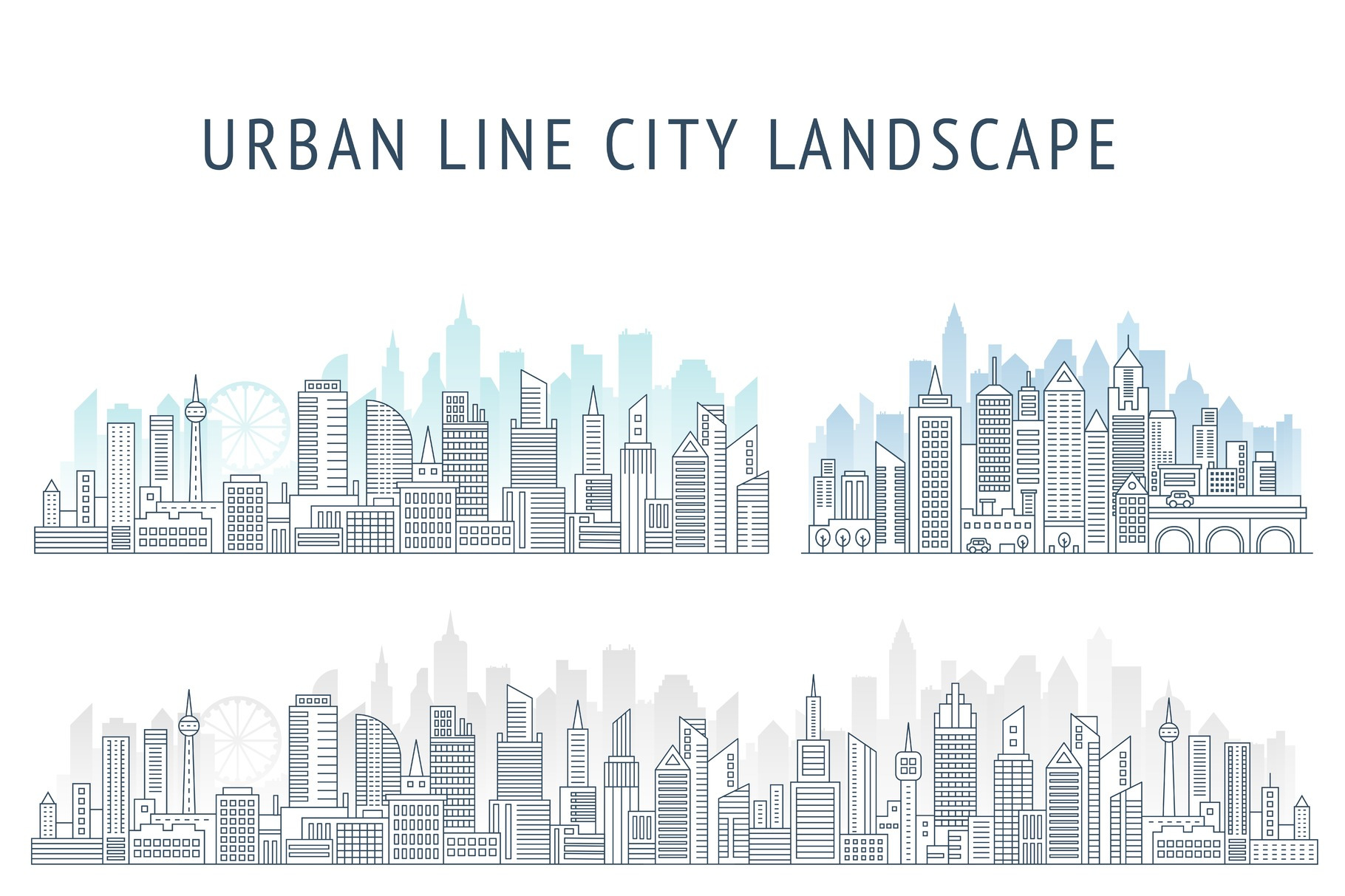 Line urban city panorama set, a Work Illustration by Lemberg Vector