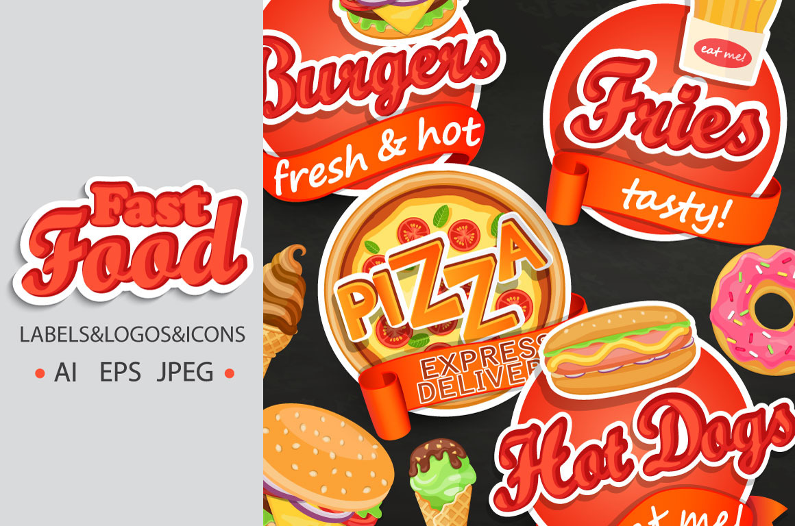 Fast food labels, logos, icons., a Food Illustration by tanda_V