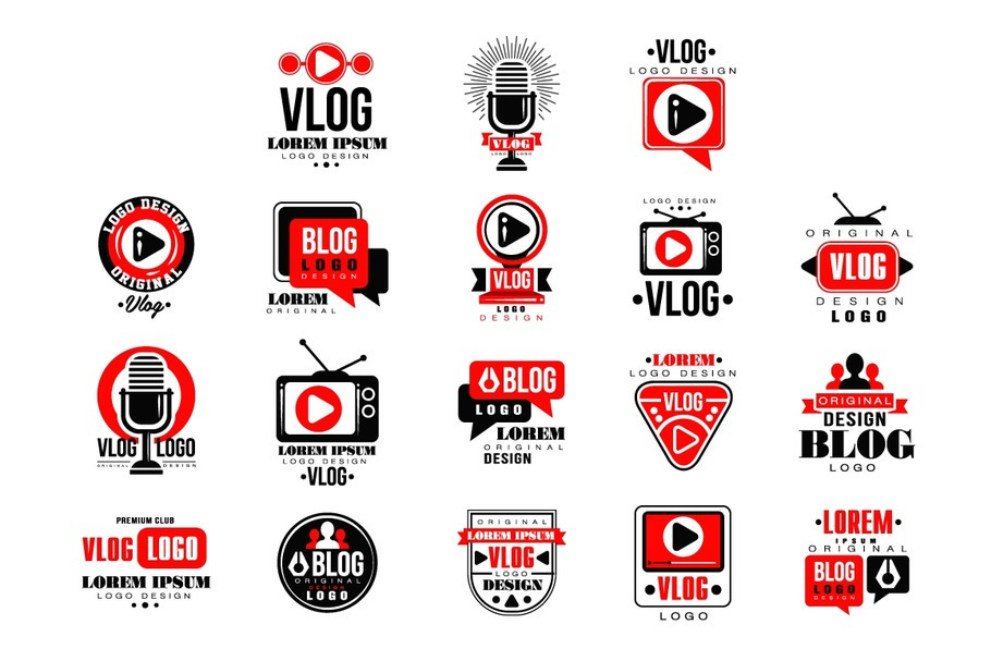 Vlog and blog original logo design set, video blogging or video channel ...