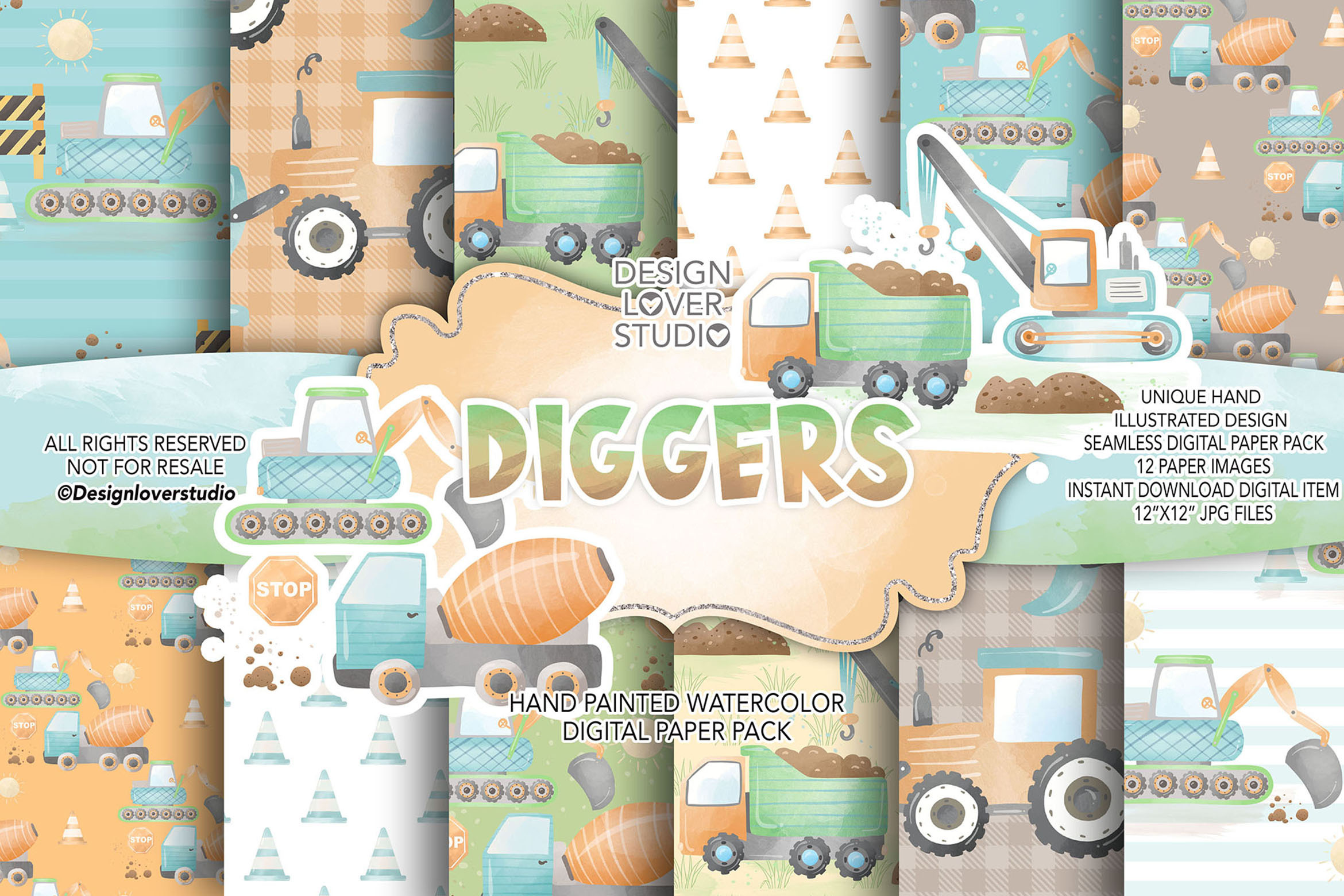 Diggers digital paper pack, a Pattern Graphic by designloverstudio