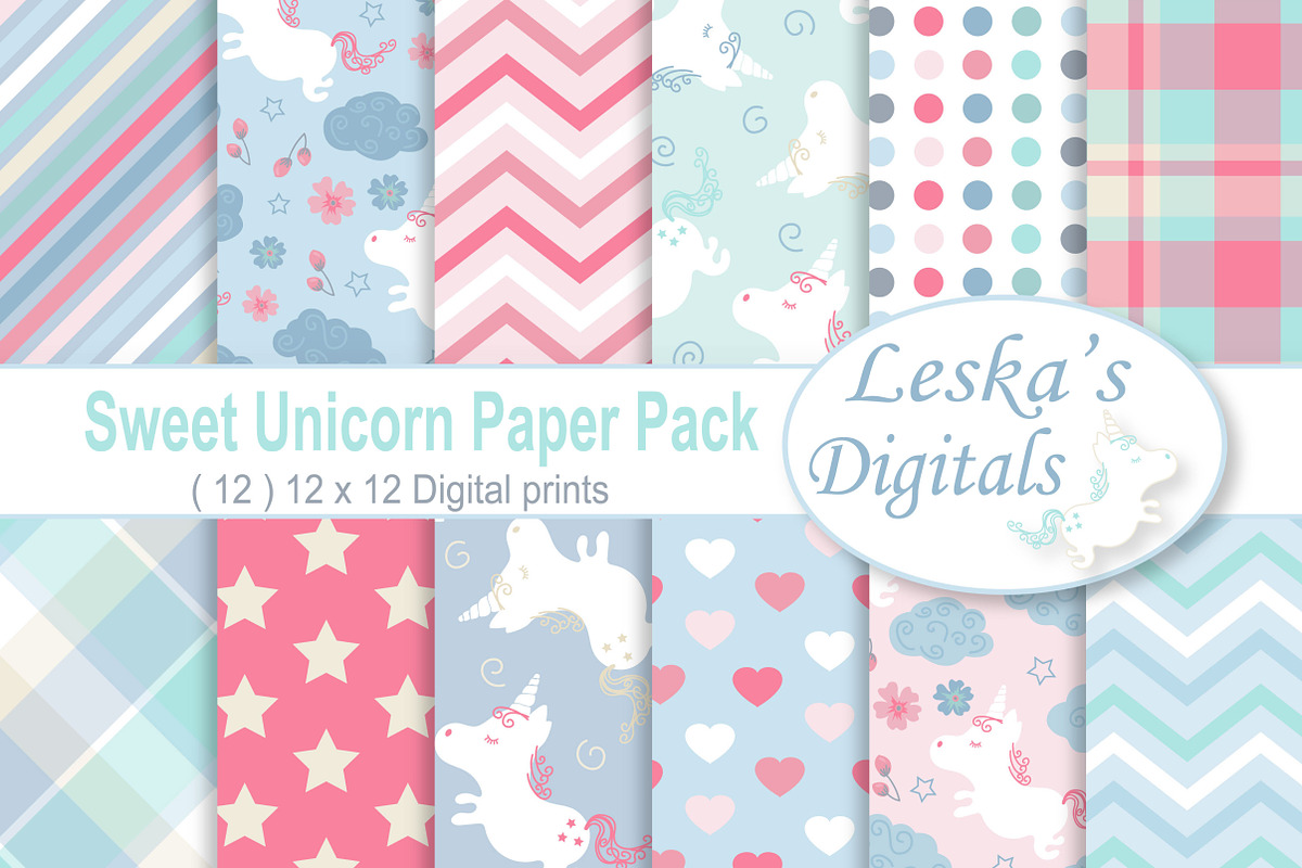 Unicorn Digital Scrapbook Papers, a Pattern Graphic by Leska's Digitals