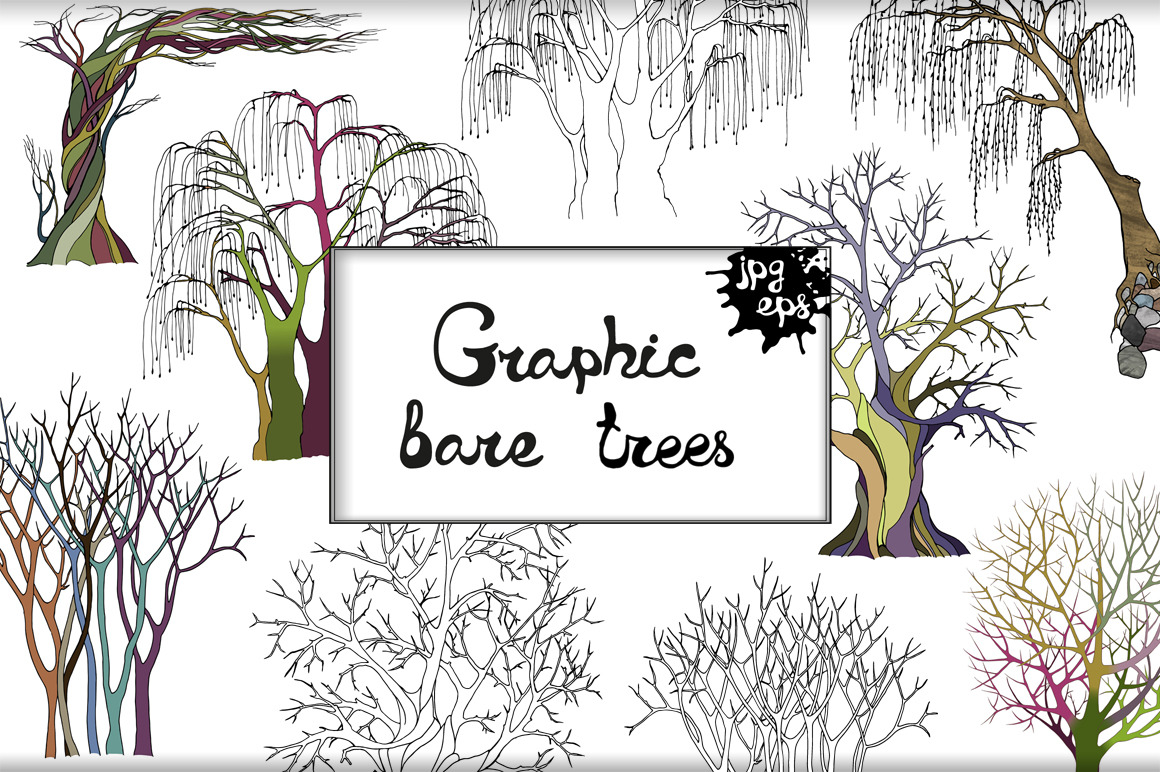 A set of 6 graphic bare trees, an Illustration by My Irina Oksenoyd