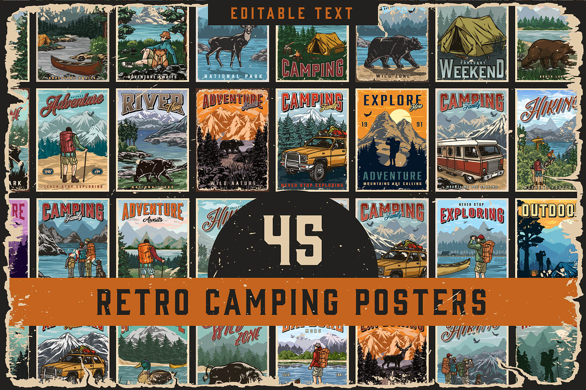 Camping bundle of 45 retro posters