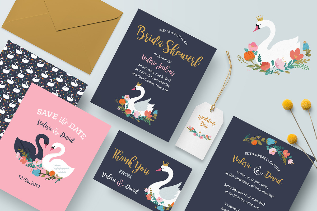 Wedding set with Swan lake theme, an Invitation Template by Marish