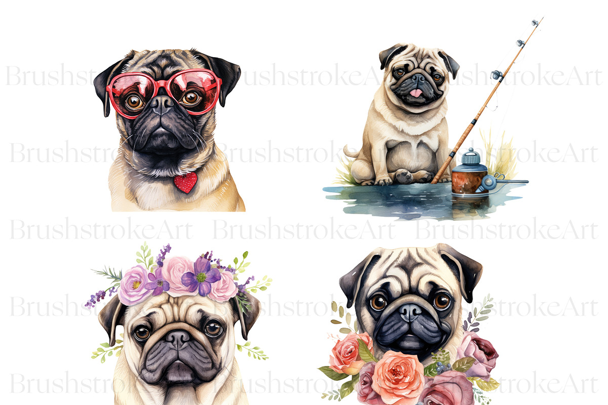 Watercolor Pug Clipart, Black Pug PNG