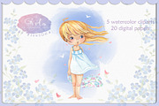 Watercolor cute girl summer clipart, a Decorative Illustration by RivusArt
